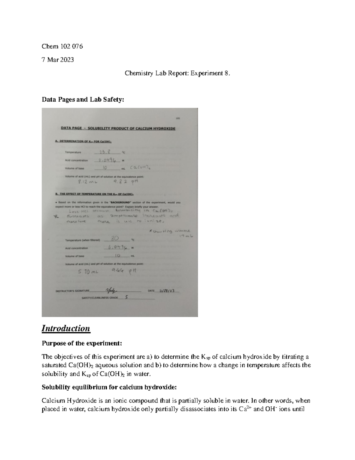 Chem 102 Lab Report: Ksp Determination of Ca(OH)2 in Experiment 8 - Studocu