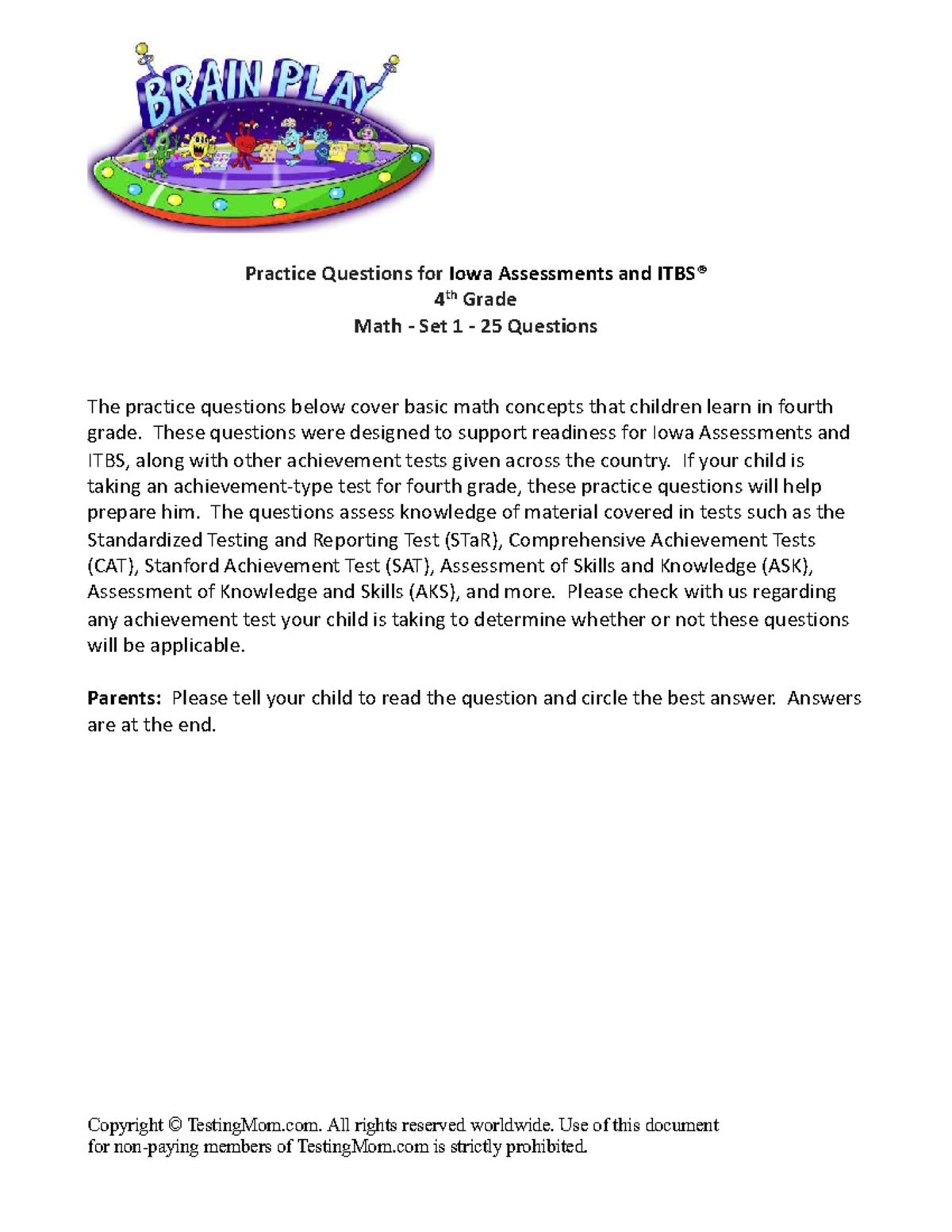 Iowa Assessments & ITBS 4th Grade Math Practice Questions Set 1 - Studocu