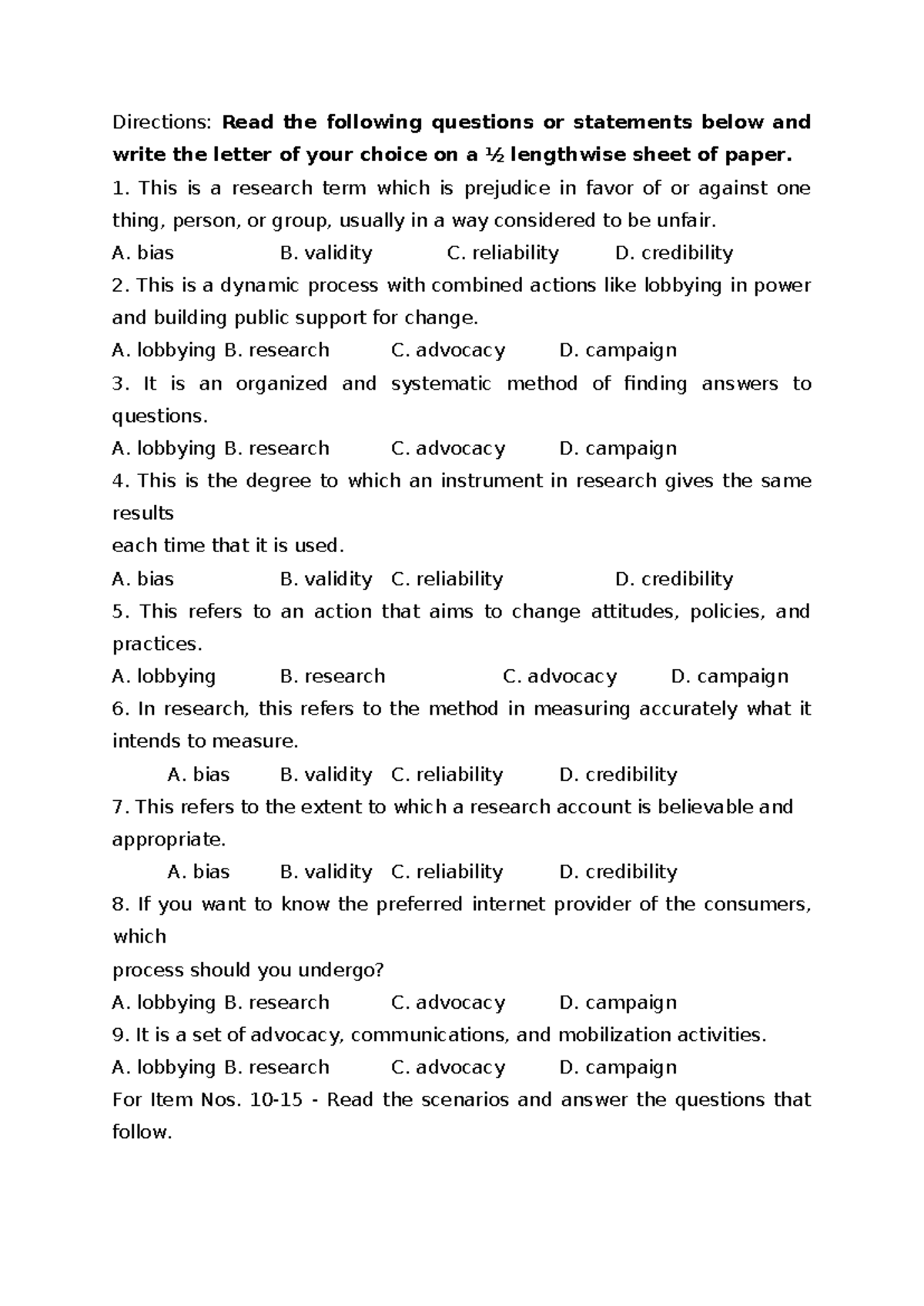 English G10 Q2 M1 PT - Quiz on Research and Advocacy Concepts - Studocu