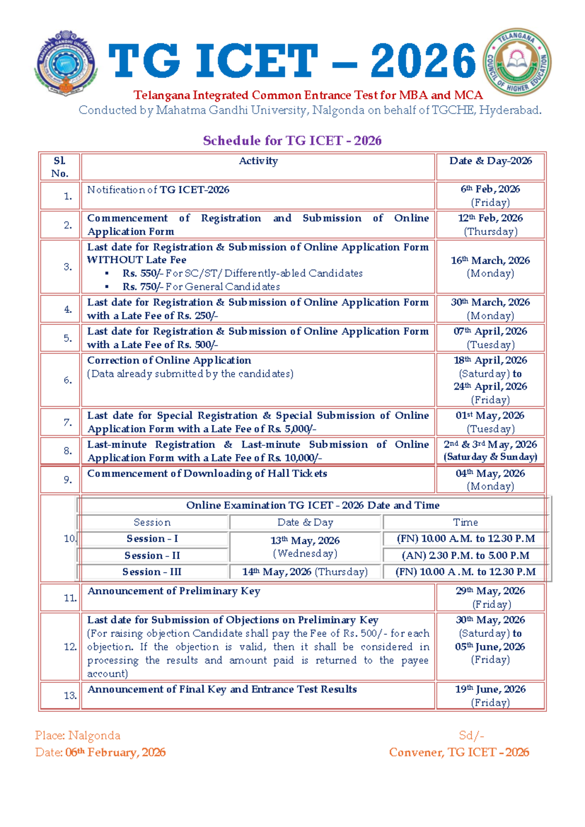 TG ICET 2026 - Complete Schedule for MBA & MCA Entrance Test - Studocu