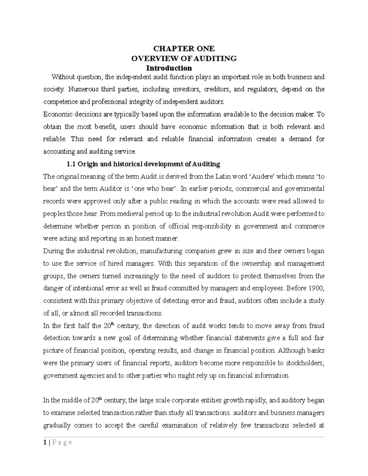 Auditing Principle 1: Chapter 1 - Overview and Historical Development - Studocu