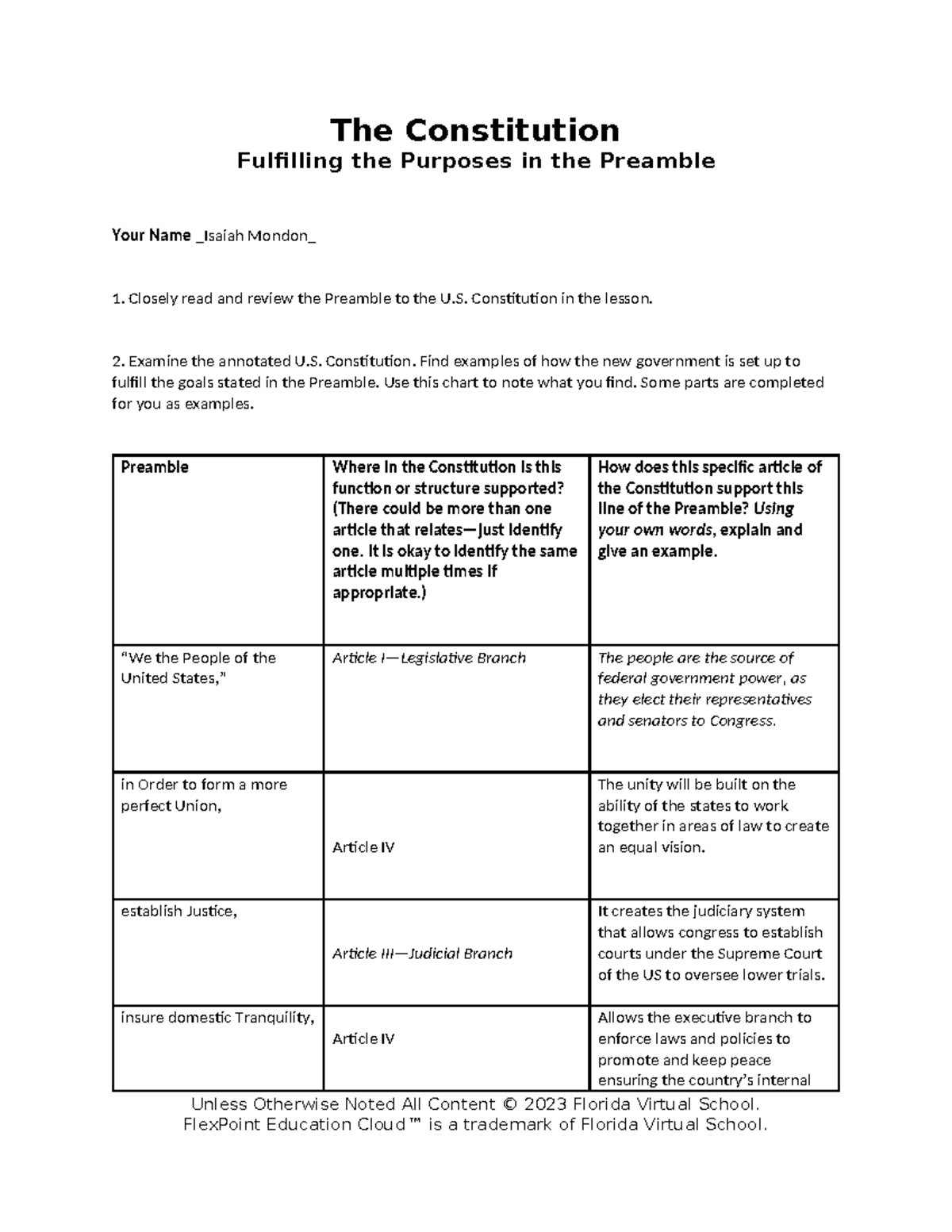 1.05 Government: Analyzing the Constitution's Preamble - Studocu