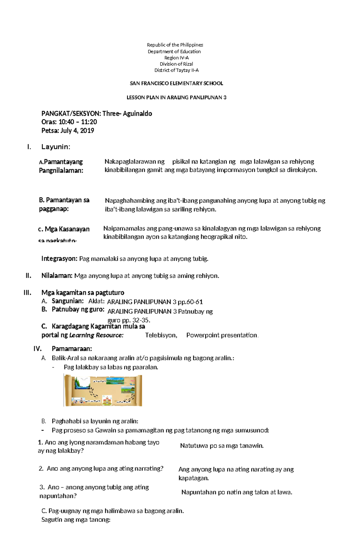 Araling Panlipunan 3 Lesson Plan: Anyong Lupa at Tubig - Studocu