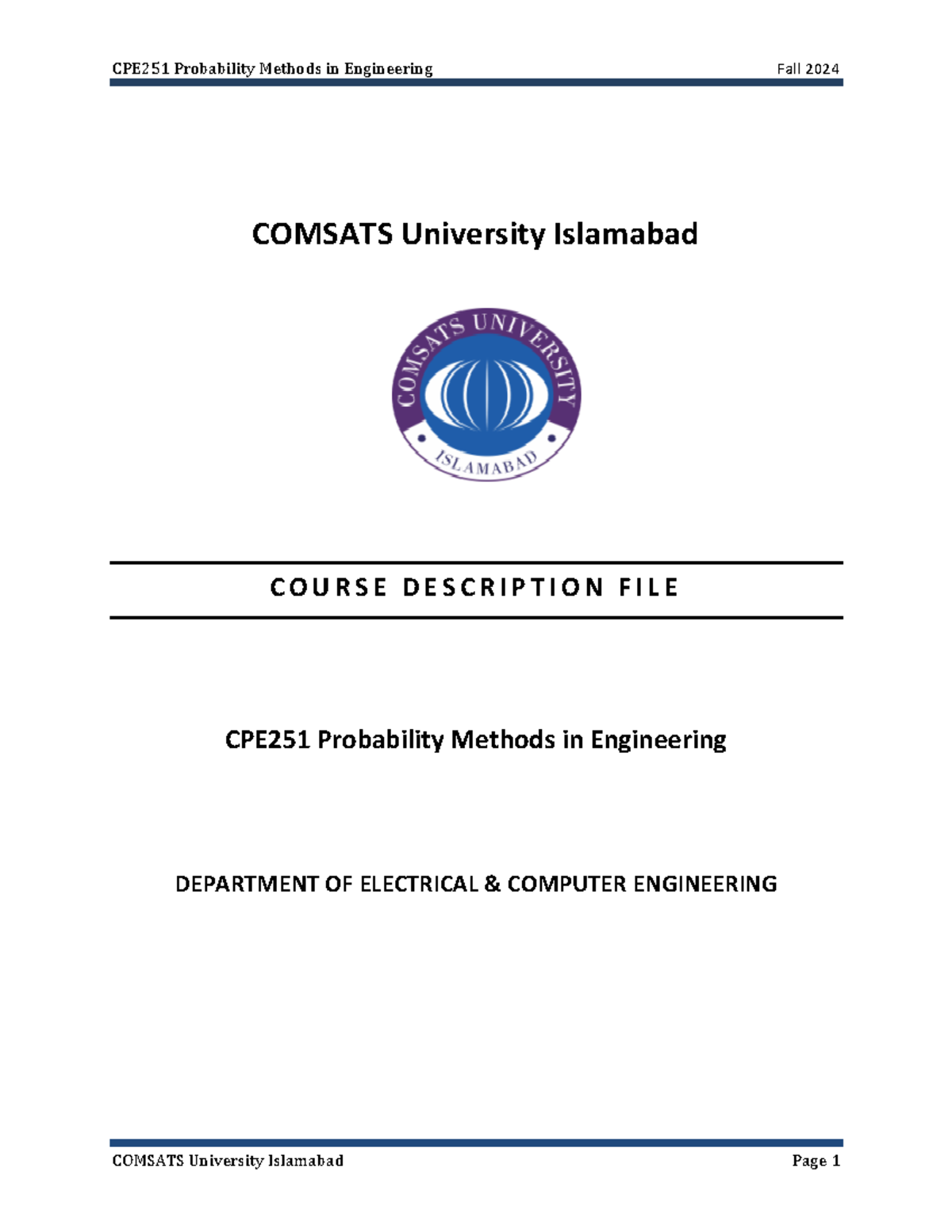 CPE251 Probability Methods in Engineering Course Overview and Schedule ...