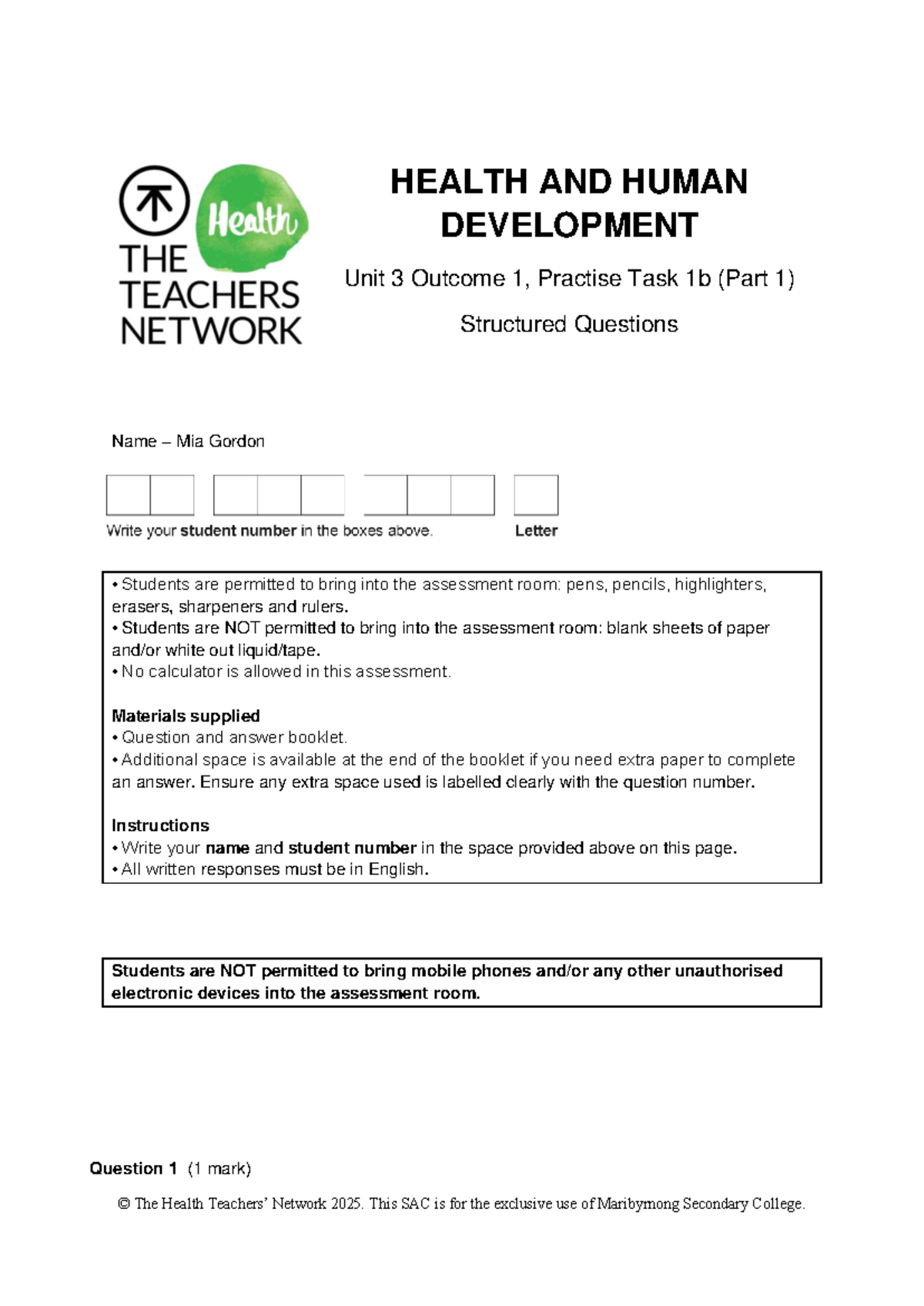 HHD U3 O1a Practice Task 1b: Structured Questions Guide - Studocu
