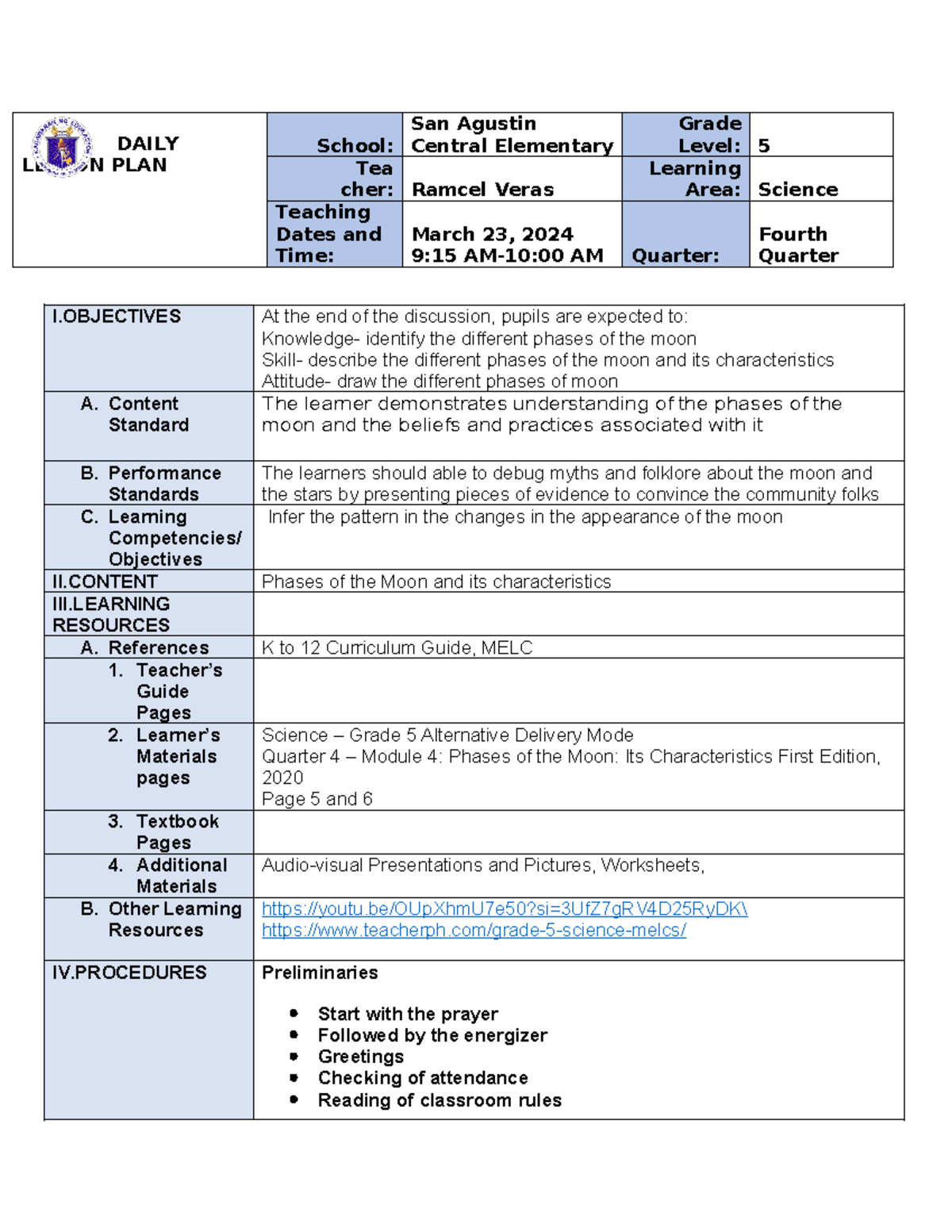 Phases of the Moon - Grade 5 DLP - Detailed Lesson Plan in Science ...