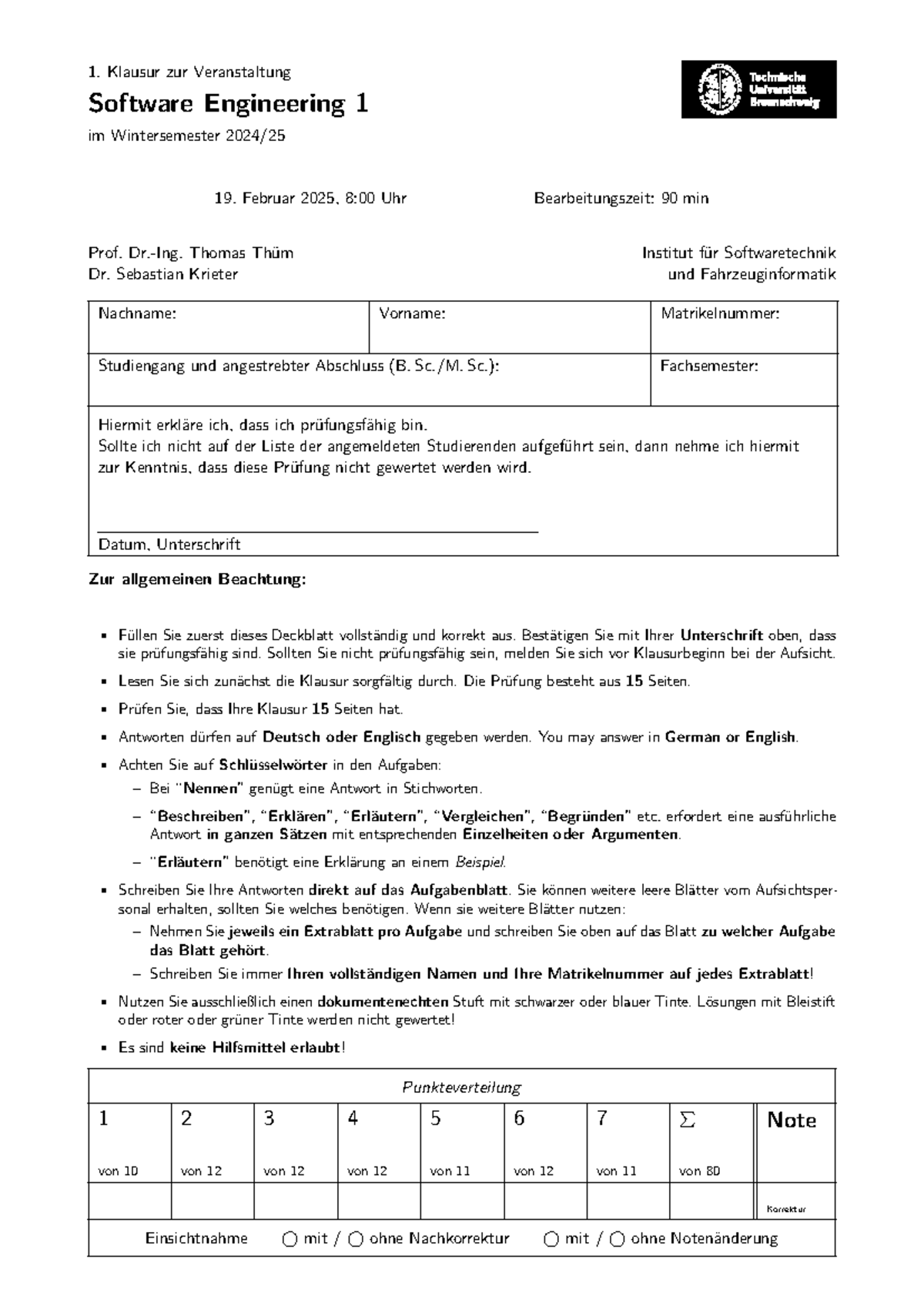 2025-02-19 SE1 Klausur: Software Engineering 1 Prüfungsdetails und ...