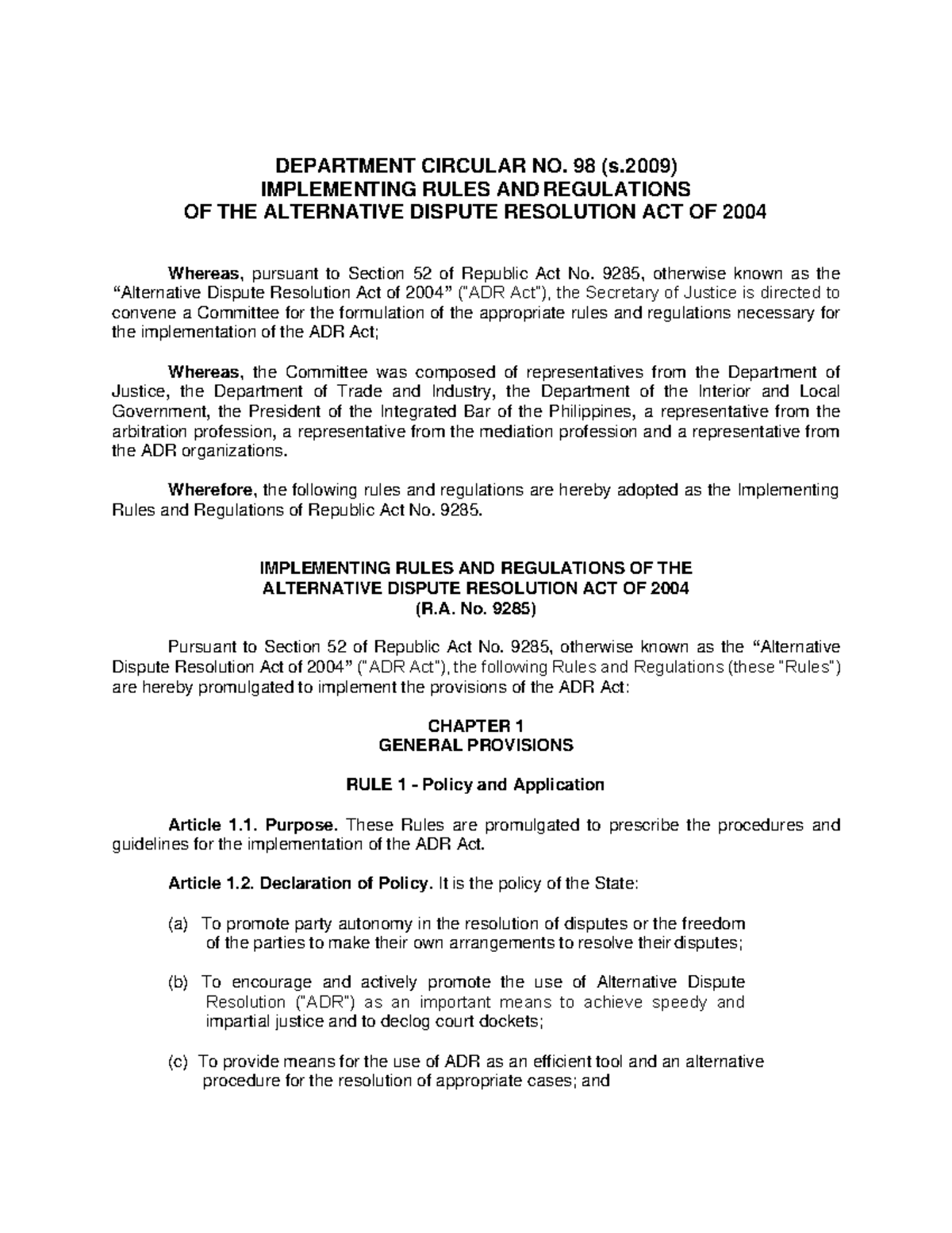 IRR of RA 9285 - IRR of RA 9285 - DEPARTMENT CIRCULAR NO. 98 (s ...