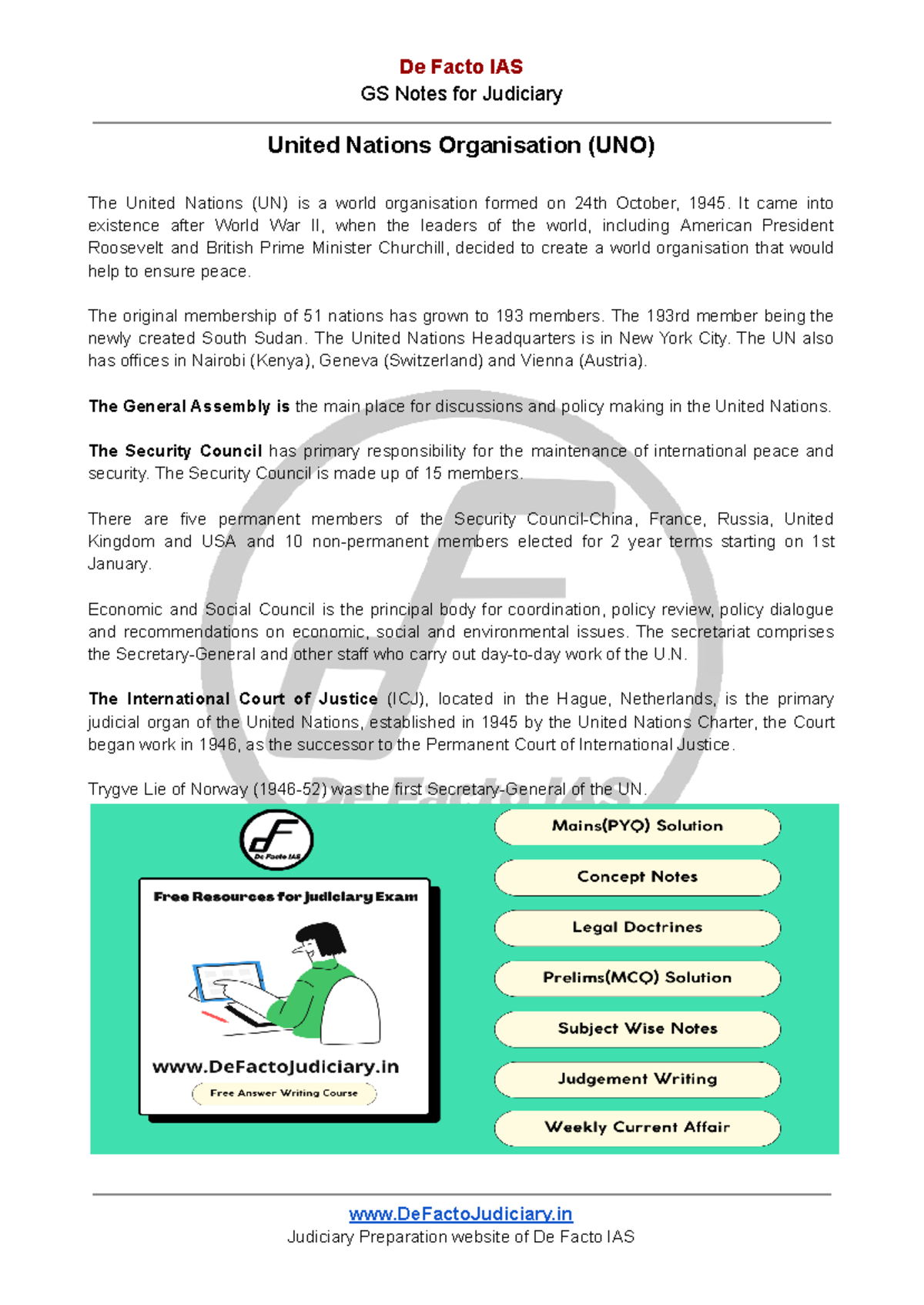 GS Notes for Judiciary: Understanding the United Nations (UNO) - Studocu