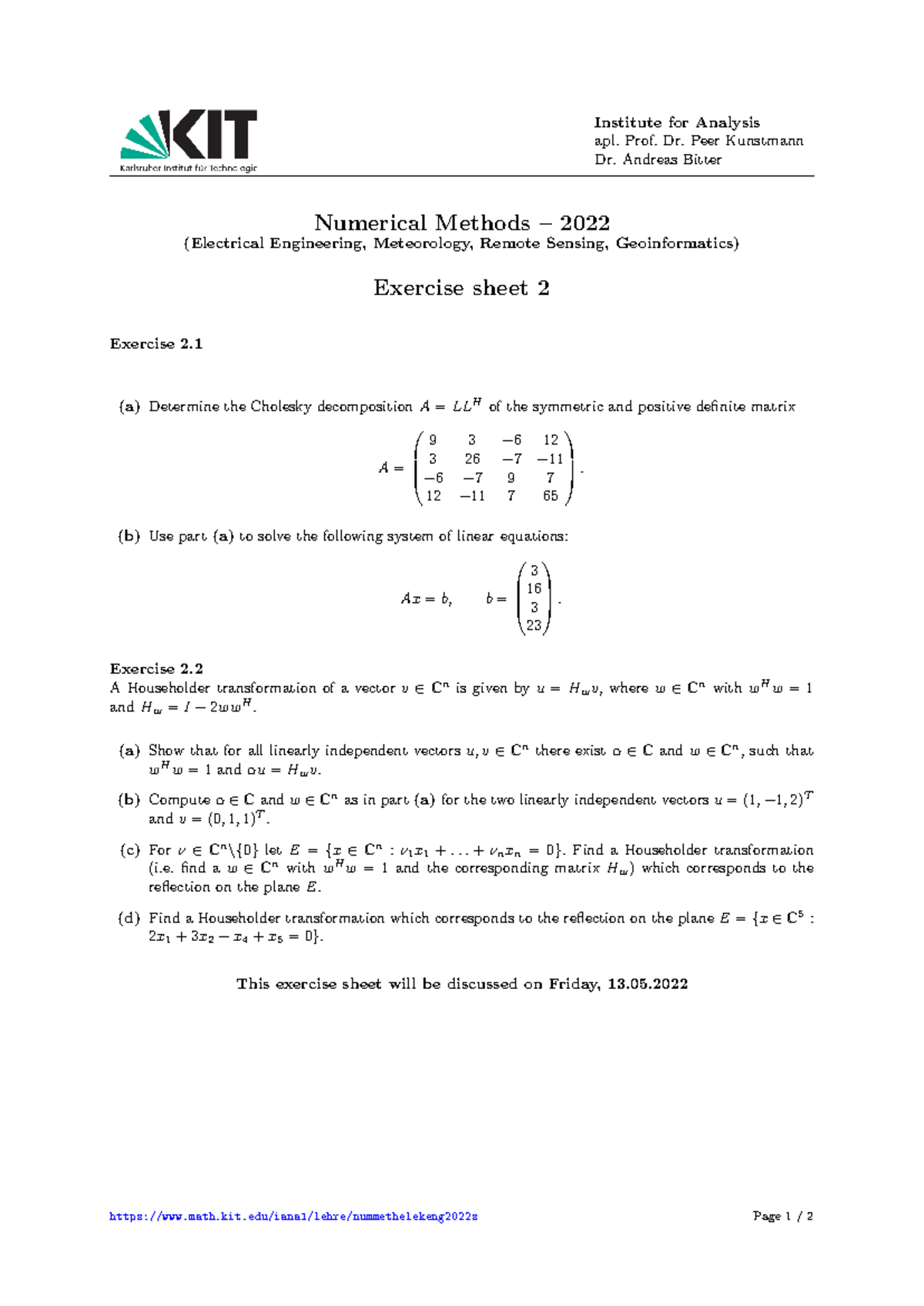 Exercise Sheet 2 - Institute for Analysis apl. Prof. Dr. Peer Kunstmann ...