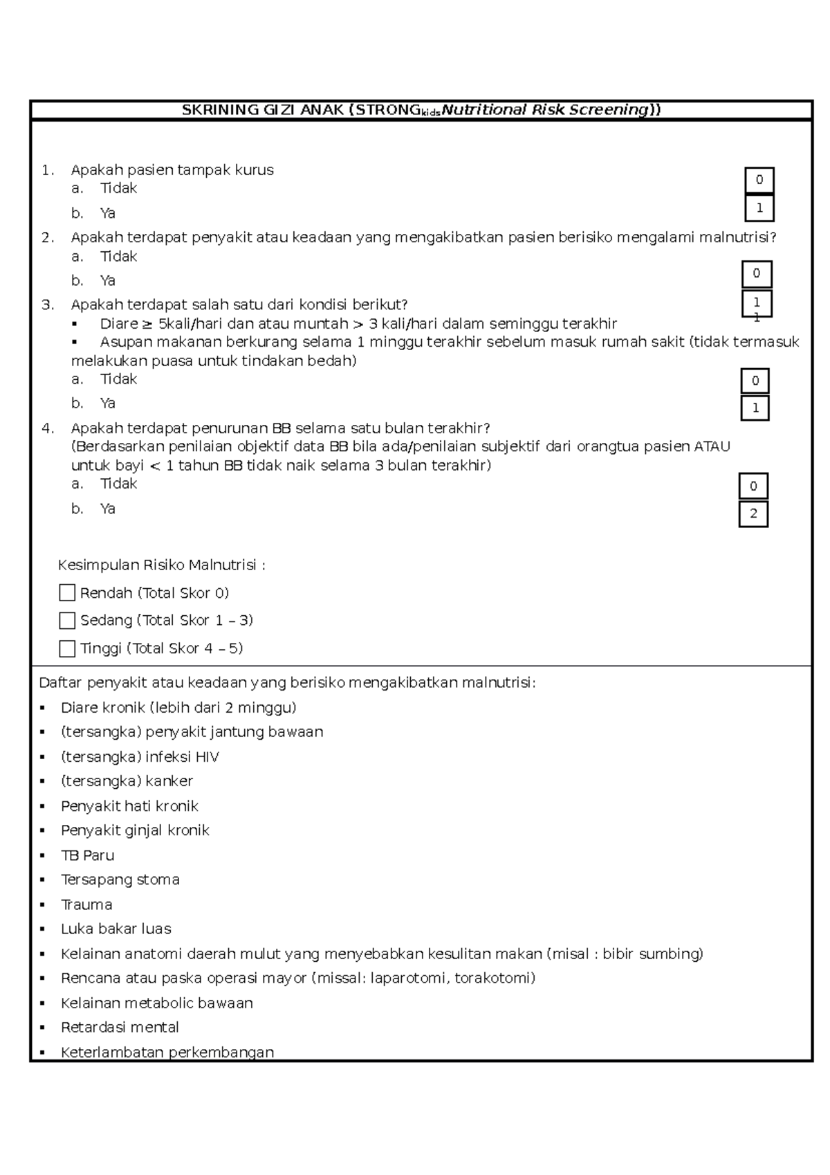 Skrining Gizi Anak: Strong KID Malnutrisi Assessment Tool - Studocu
