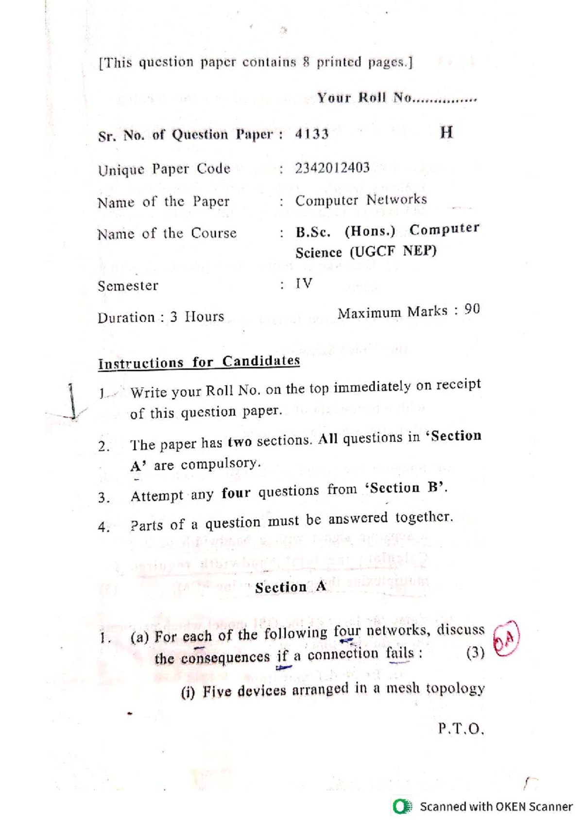 B.Sc. (Hons.) Computer Science (UGCF NEP) IV Sem Exam QP 2024 - Computer - Studocu