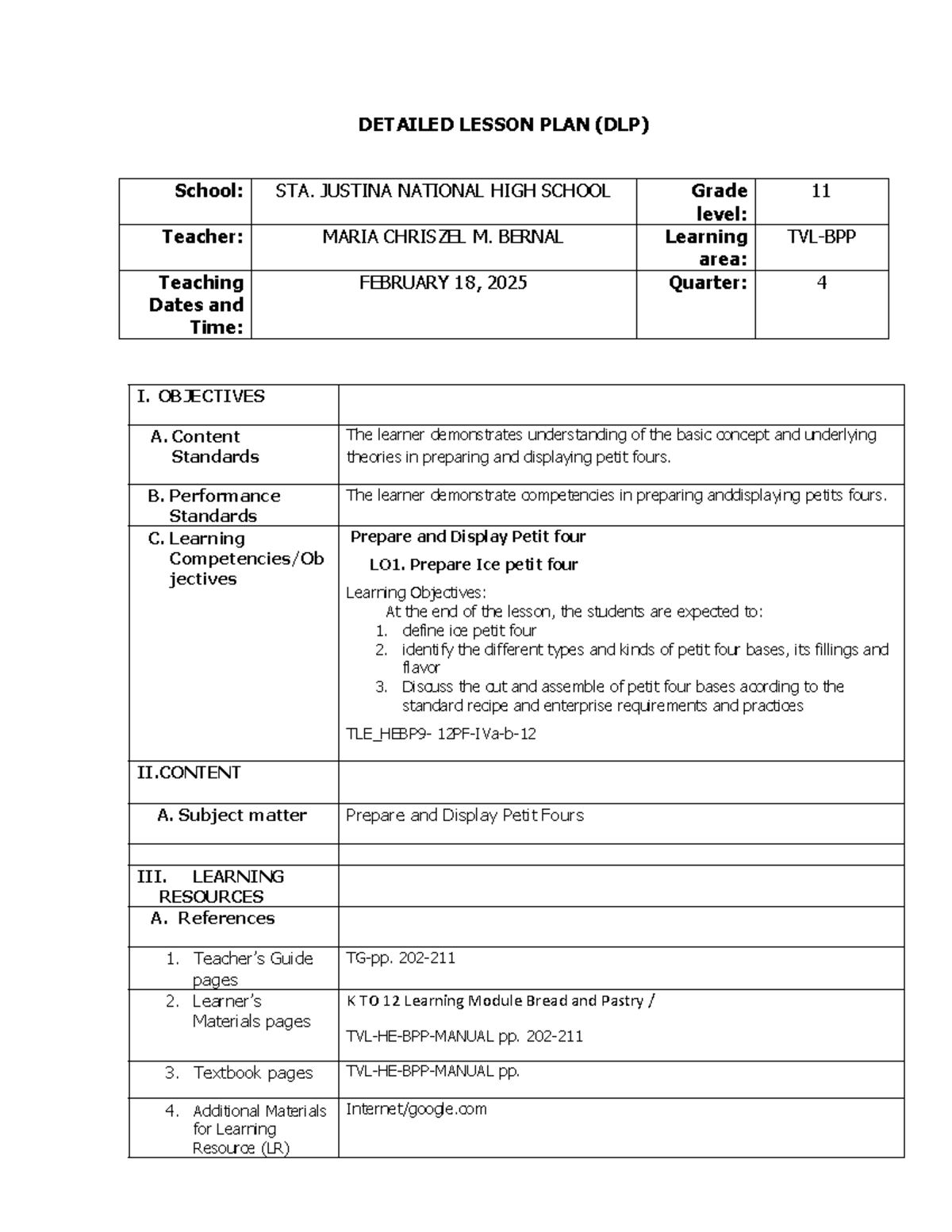 ICE Petit FOUR - Copy - lesson plan - DETAILED LESSON PLAN (DLP) School ...