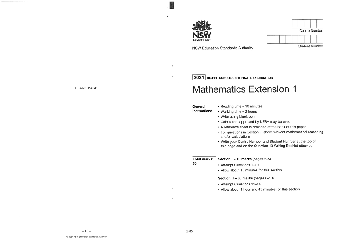 2024 HSC Mathematics Extension 1 Exam Paper - General Instructions ...