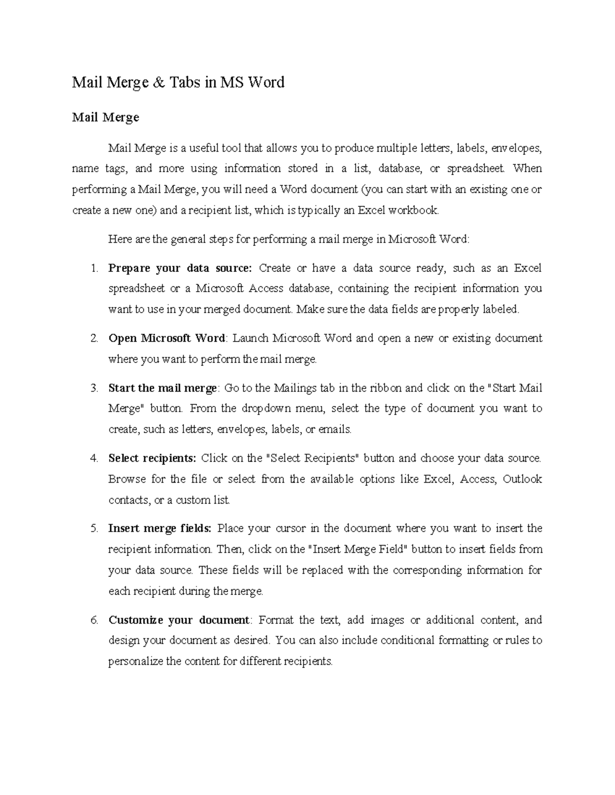 Mail Merge Lab Guide for CFA: Steps & Tabs in MS Word - Studocu
