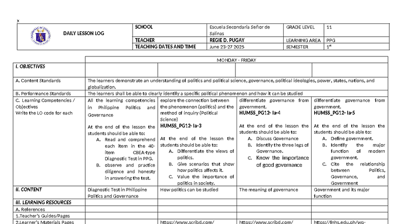 Q1W2 PPG 2025 - Daily Lesson Log on Politics & Governance - Studocu
