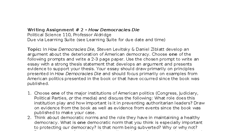How Democracies Die: Writing Assignment 2 for POLS 110 - Studocu