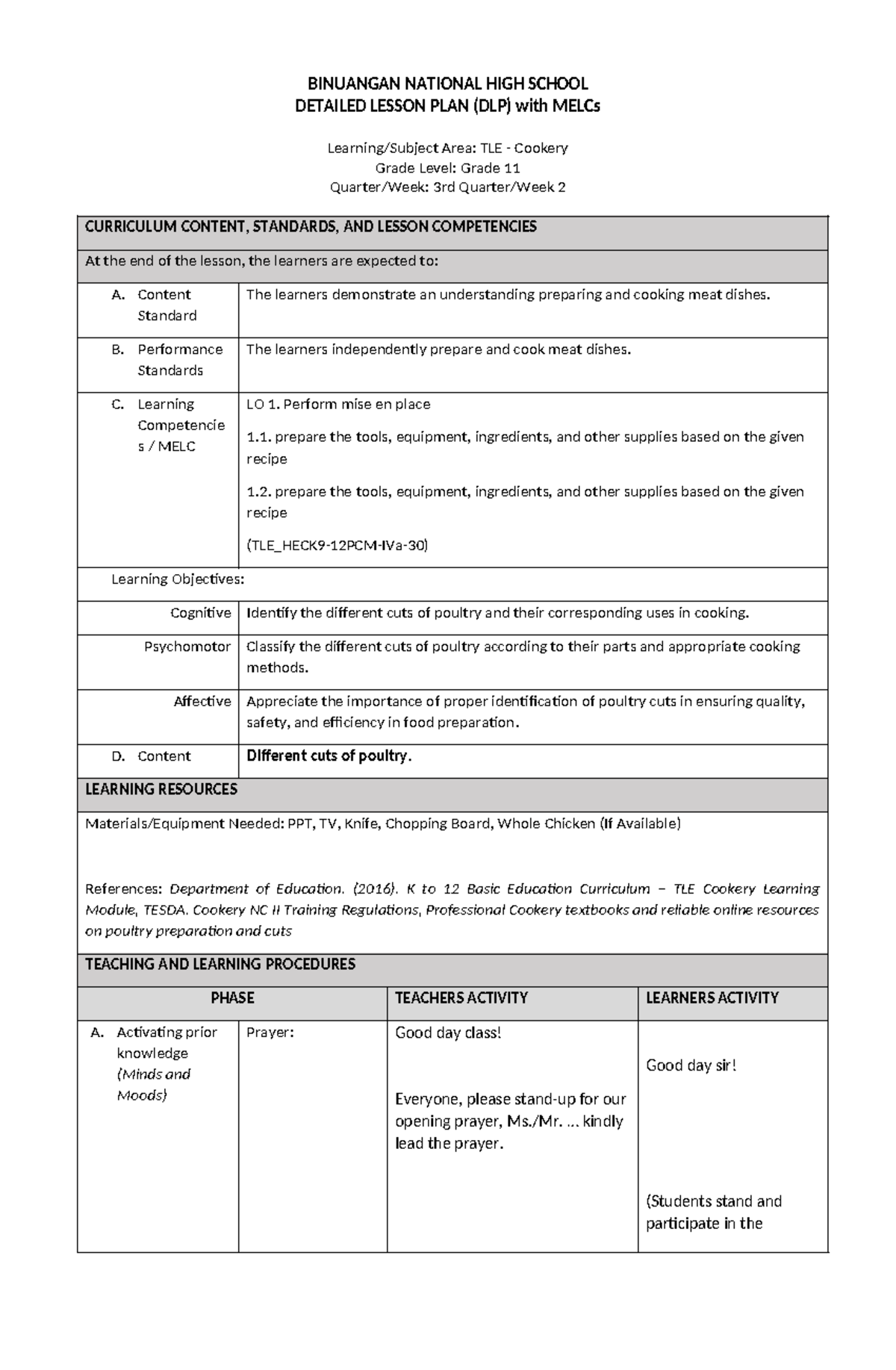 Detailed Lesson Plan (DLP) on Different Cuts of Poultry - TLE Cookery ...