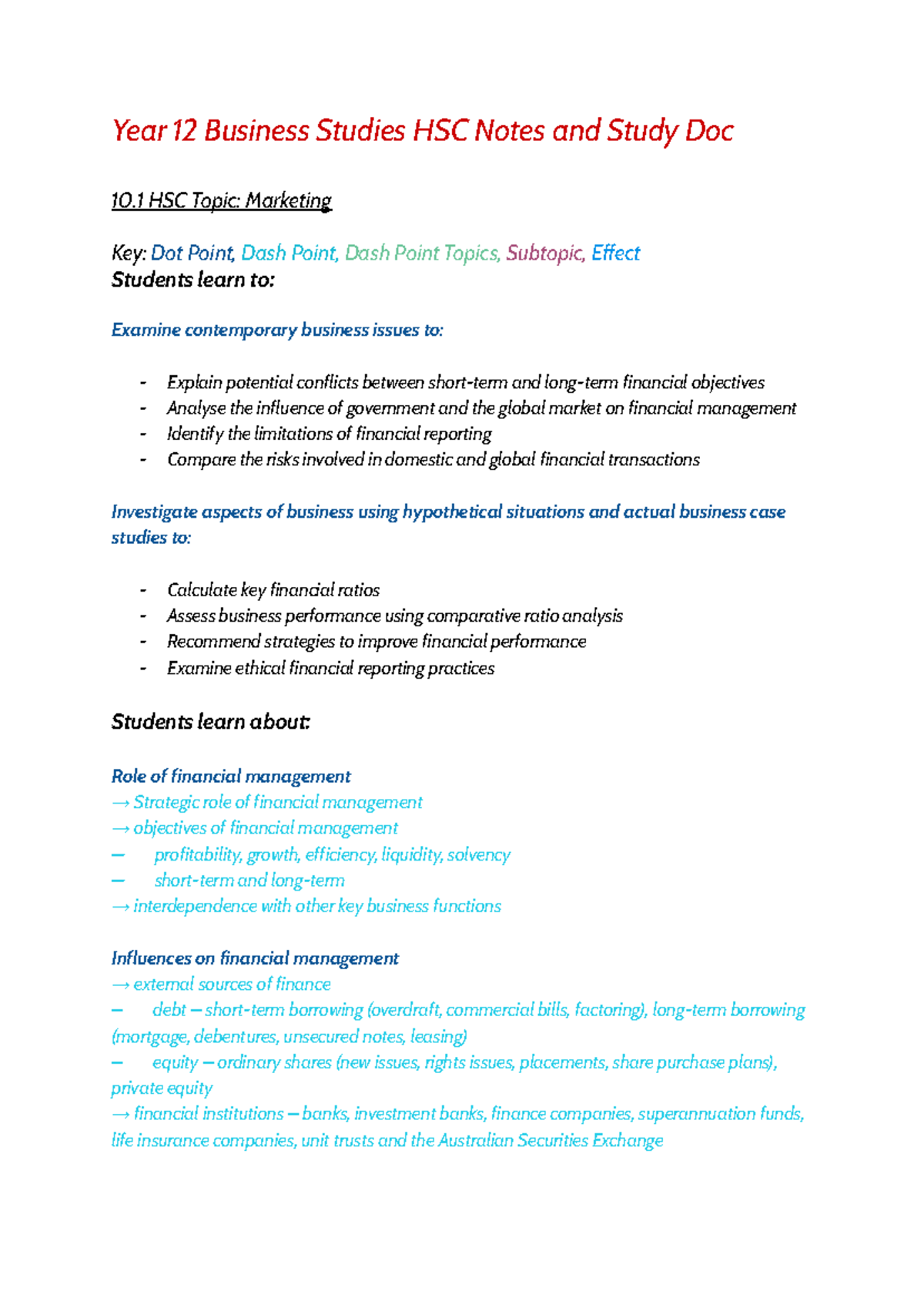 Year 12 Business Studies HSC Notes: Financial Management Strategies ...