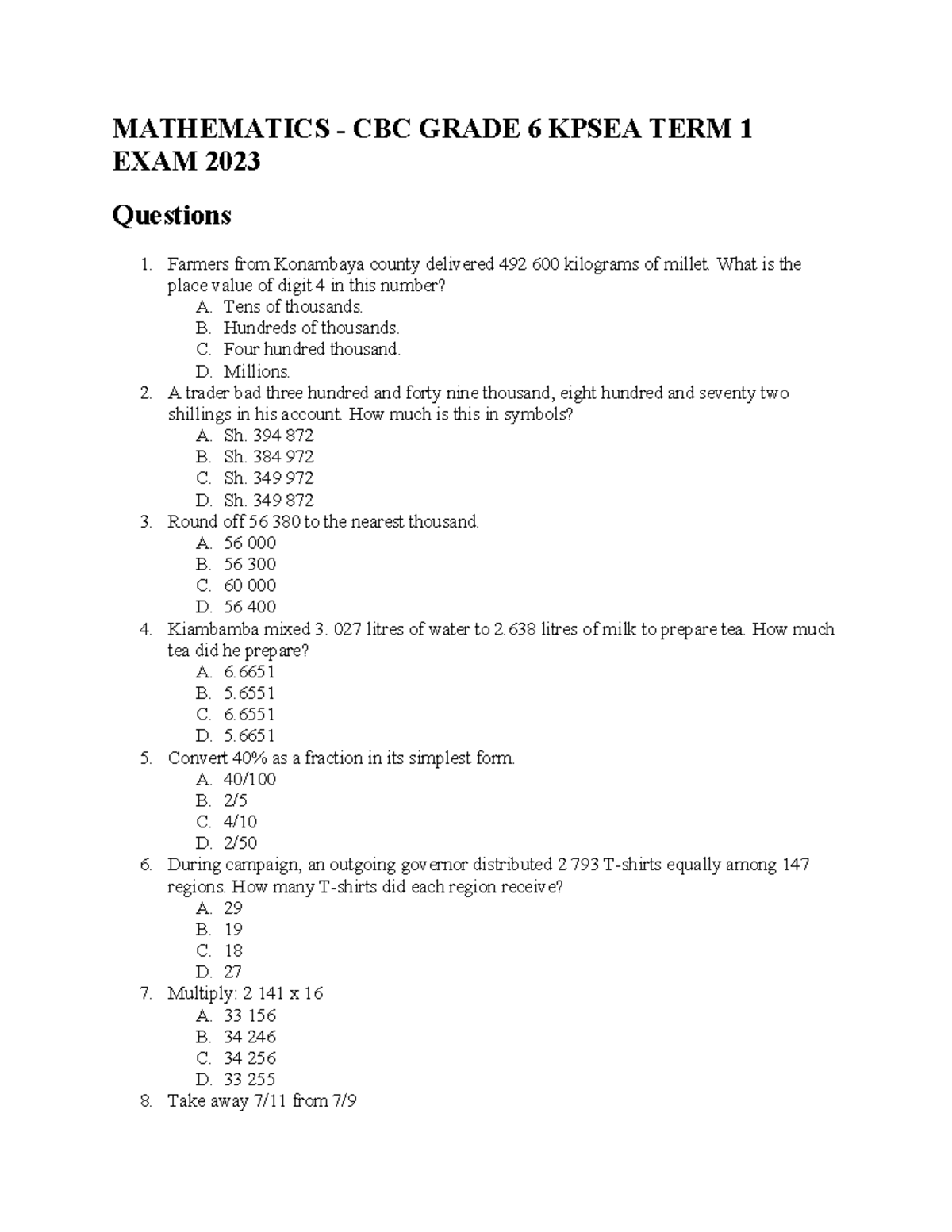 Mathematics-3 - Grade 6 KPSEA Term 1 Exam Practice Questions - Studocu