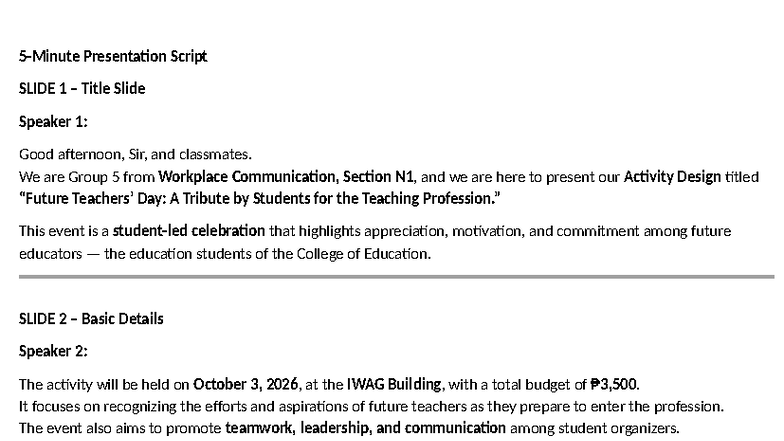 5-Minute Presentation Script: Activity Design in Workplace ...