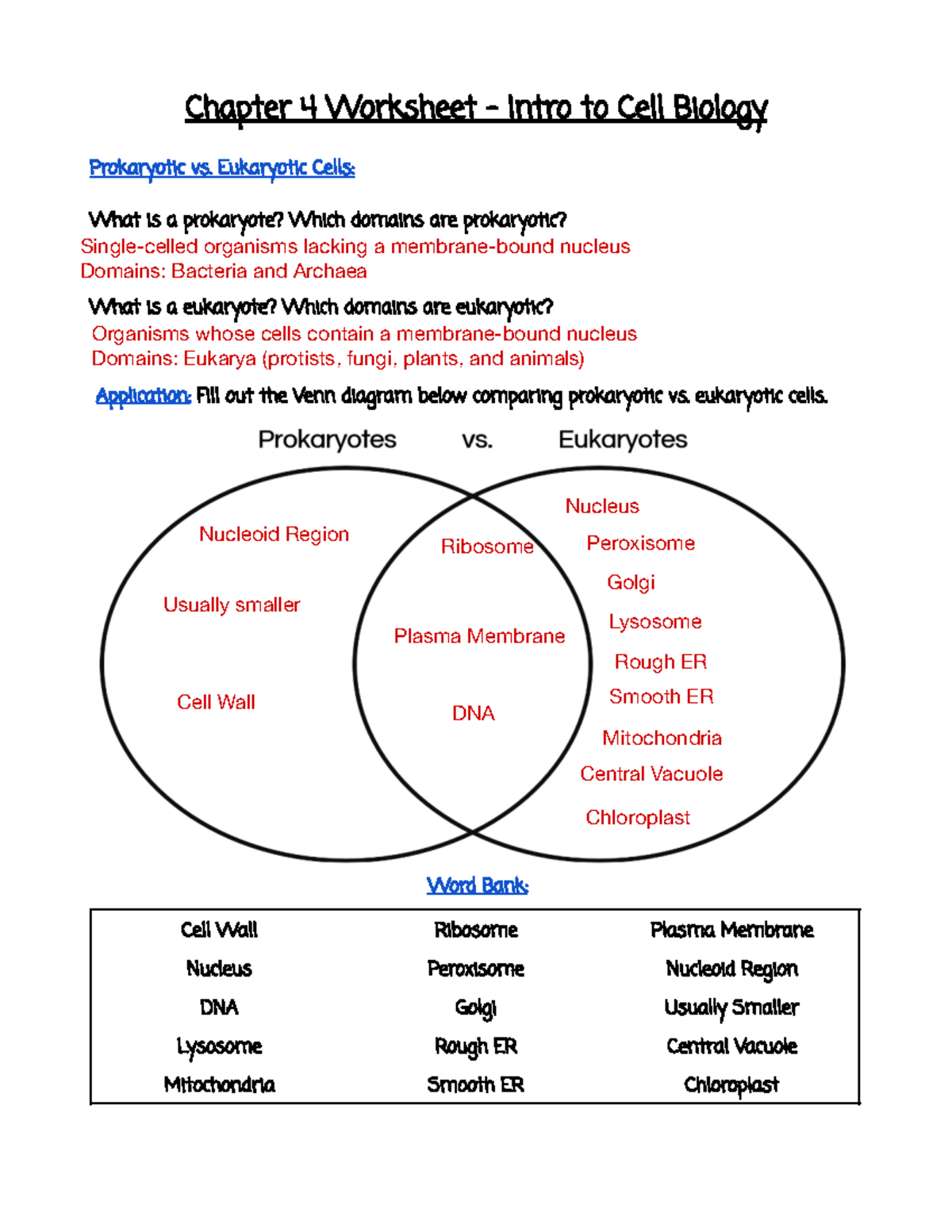 Ch 4 worksheet: Comparing prokaryotic and eukaryotic cells - Studocu