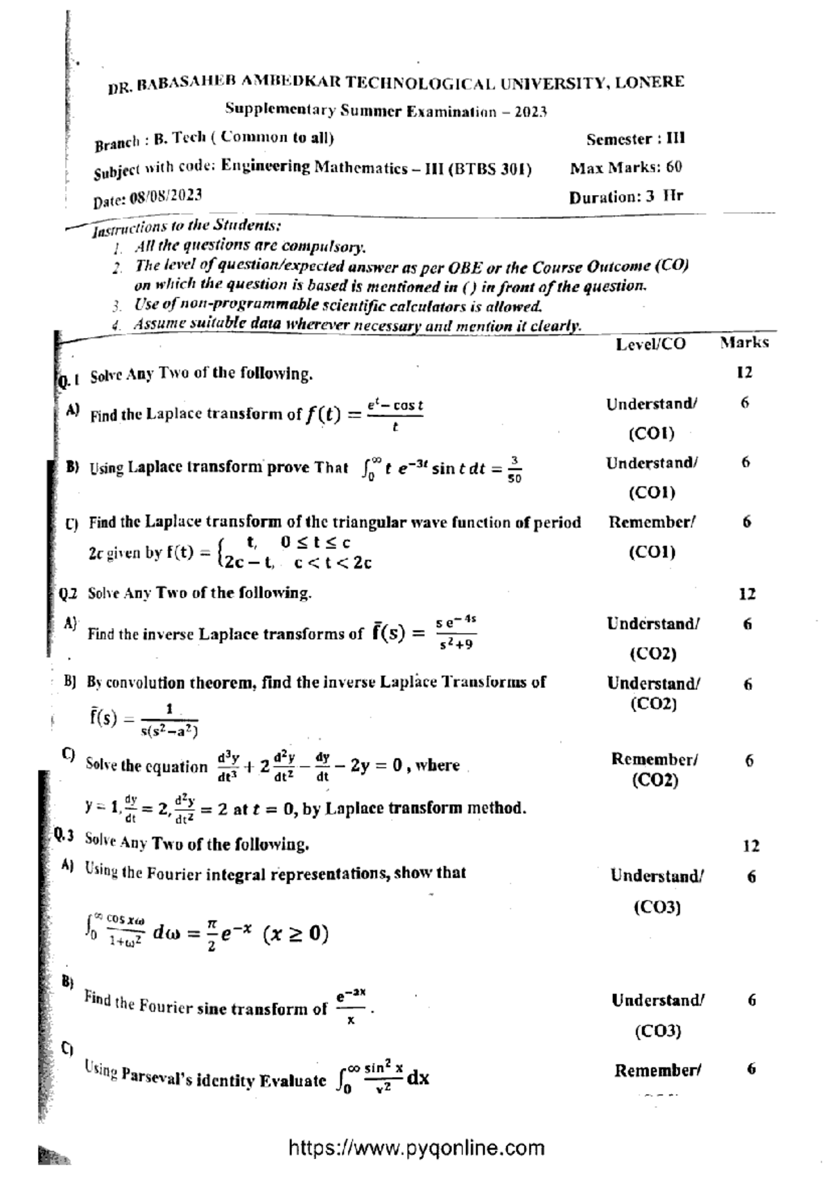 B.Tech 3 Sem Engineering Mathematics (BTBS 301) Supplementary Exam 2023 ...