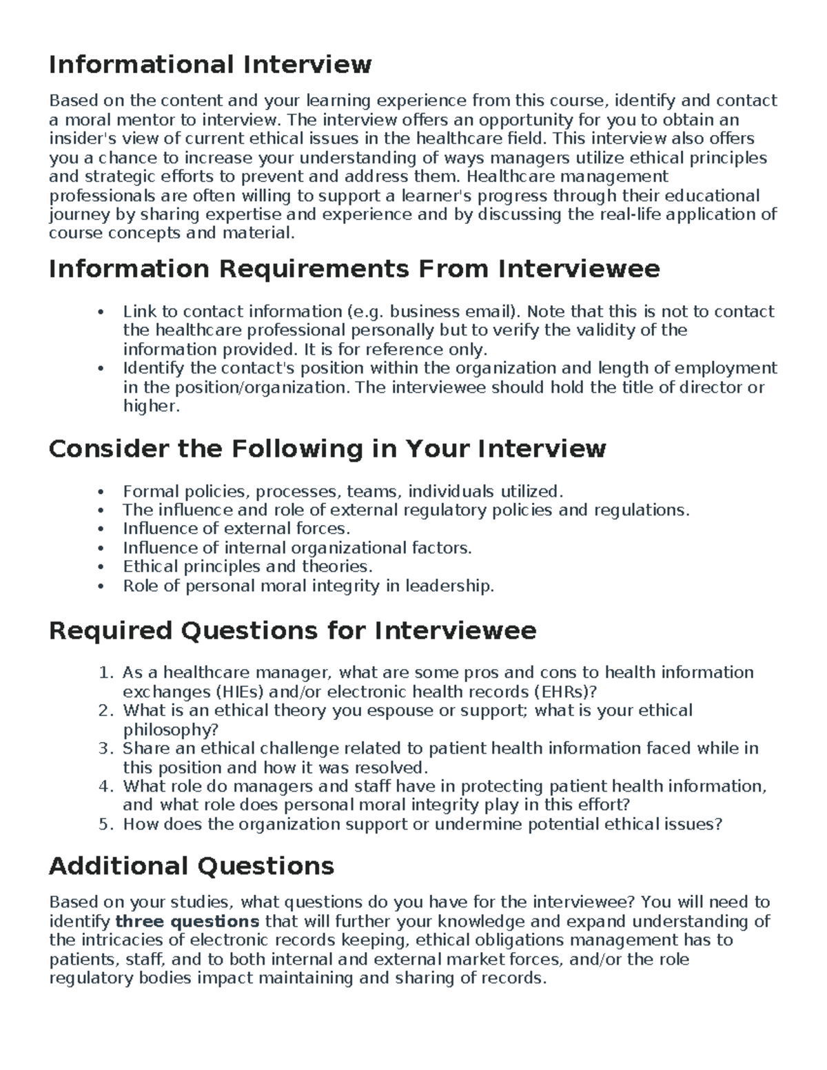 BUS4121 Week 9 Assignment Informational Interview and Course - Informational Interview Based on ...