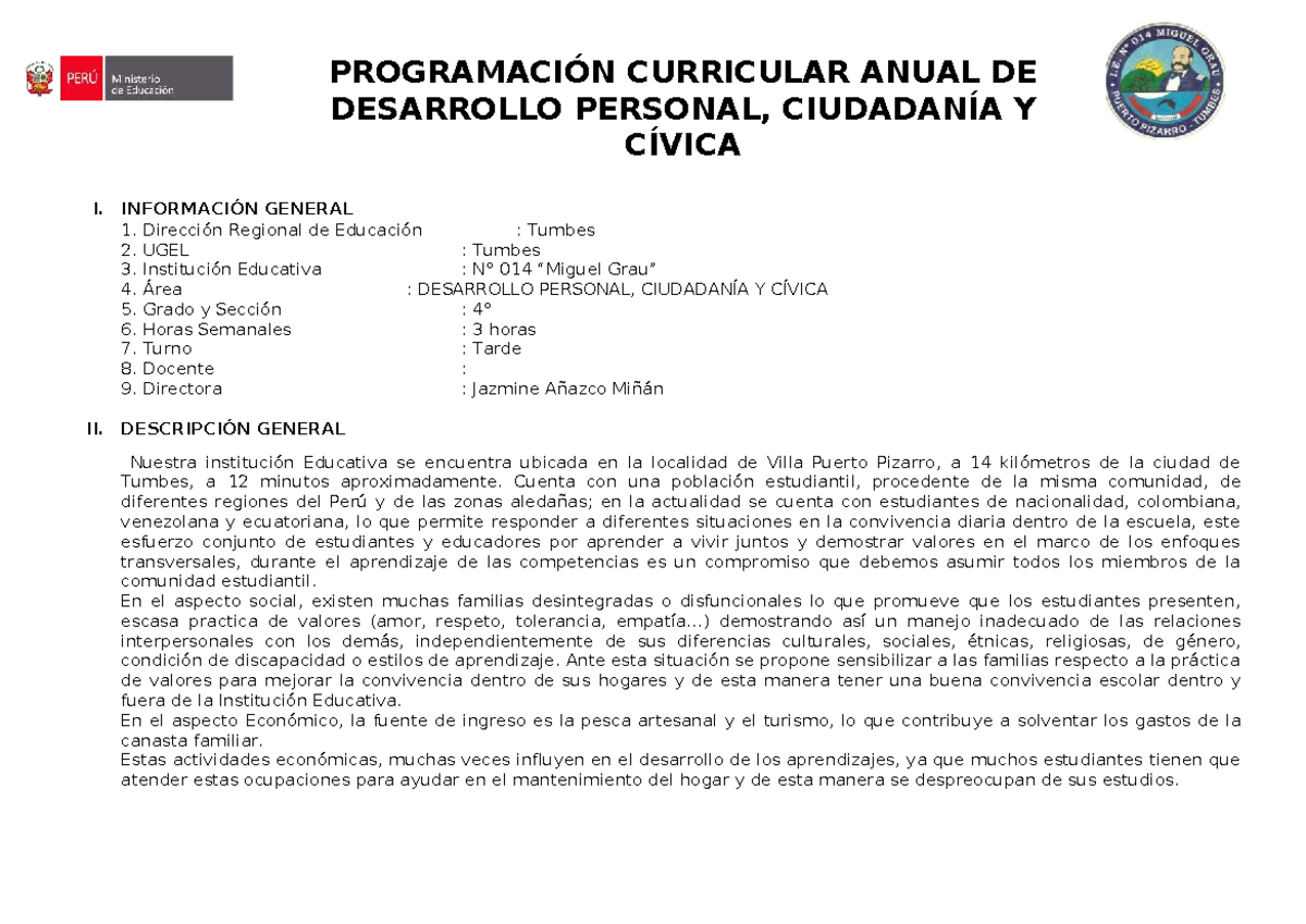 Programacion Curricular Anual 2025 GRAU - PROGRAMACIÓN CURRICULAR ANUAL DE DESARROLLO PERSONAL ...
