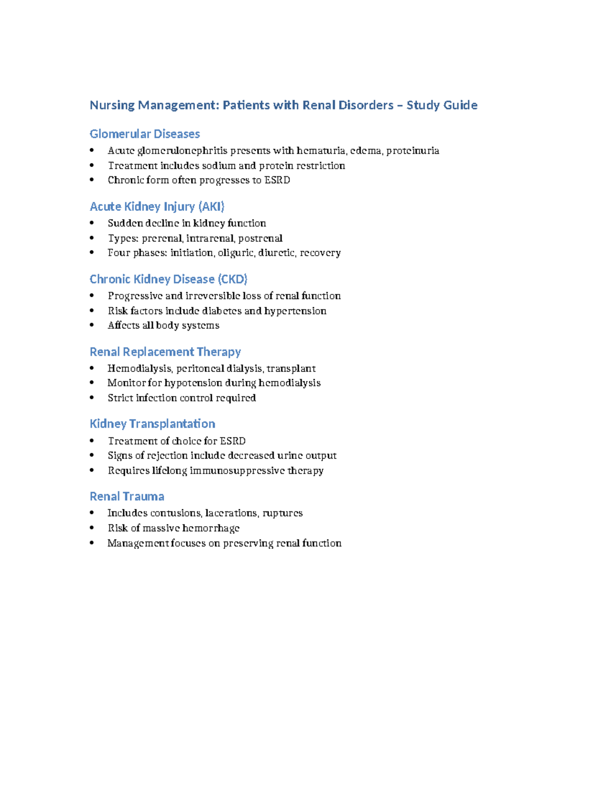 Nursing Management Study Guide: Renal Disorders (NURS 301) - Studocu