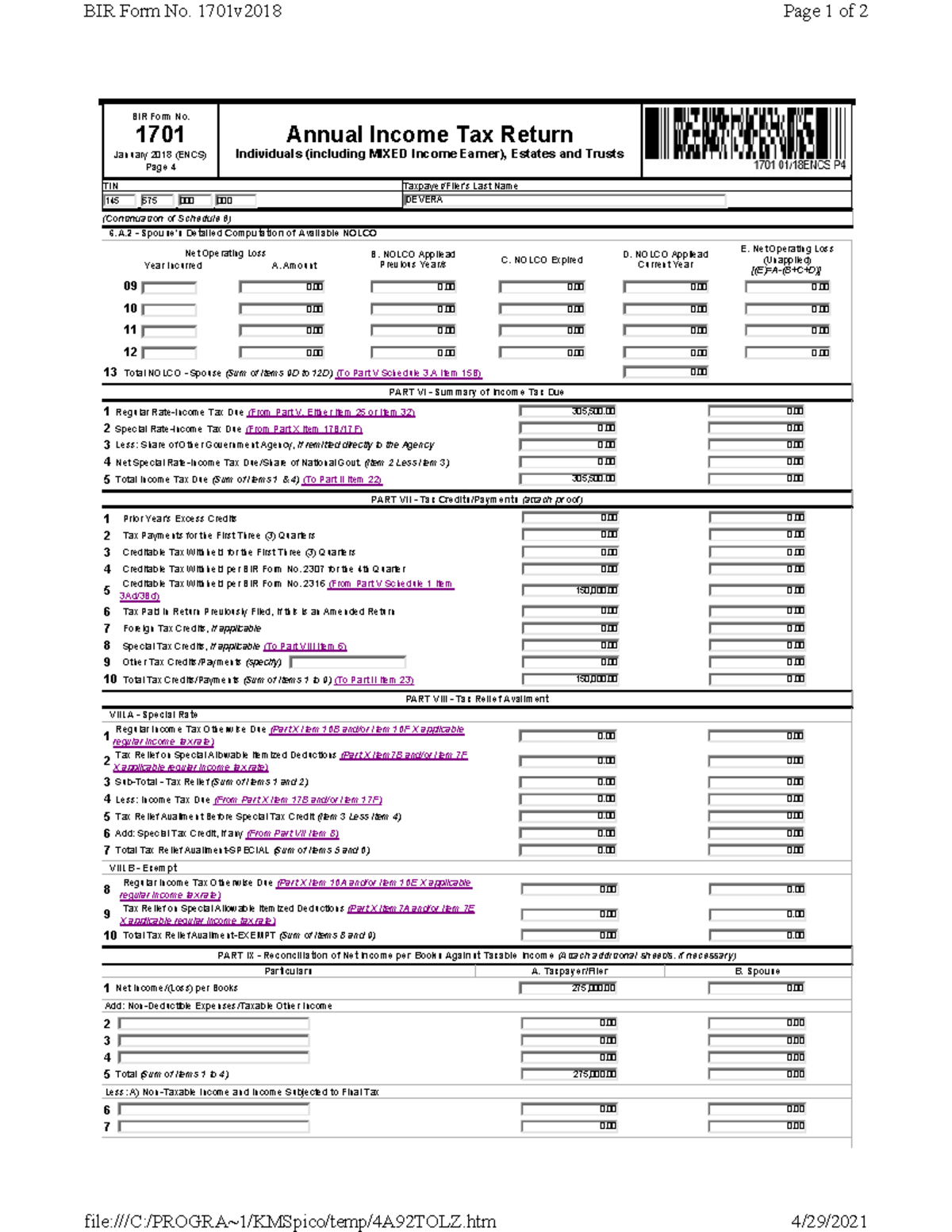 1701 - Annual Income Tax Return for Mixed Income Earners 2018 - Studocu