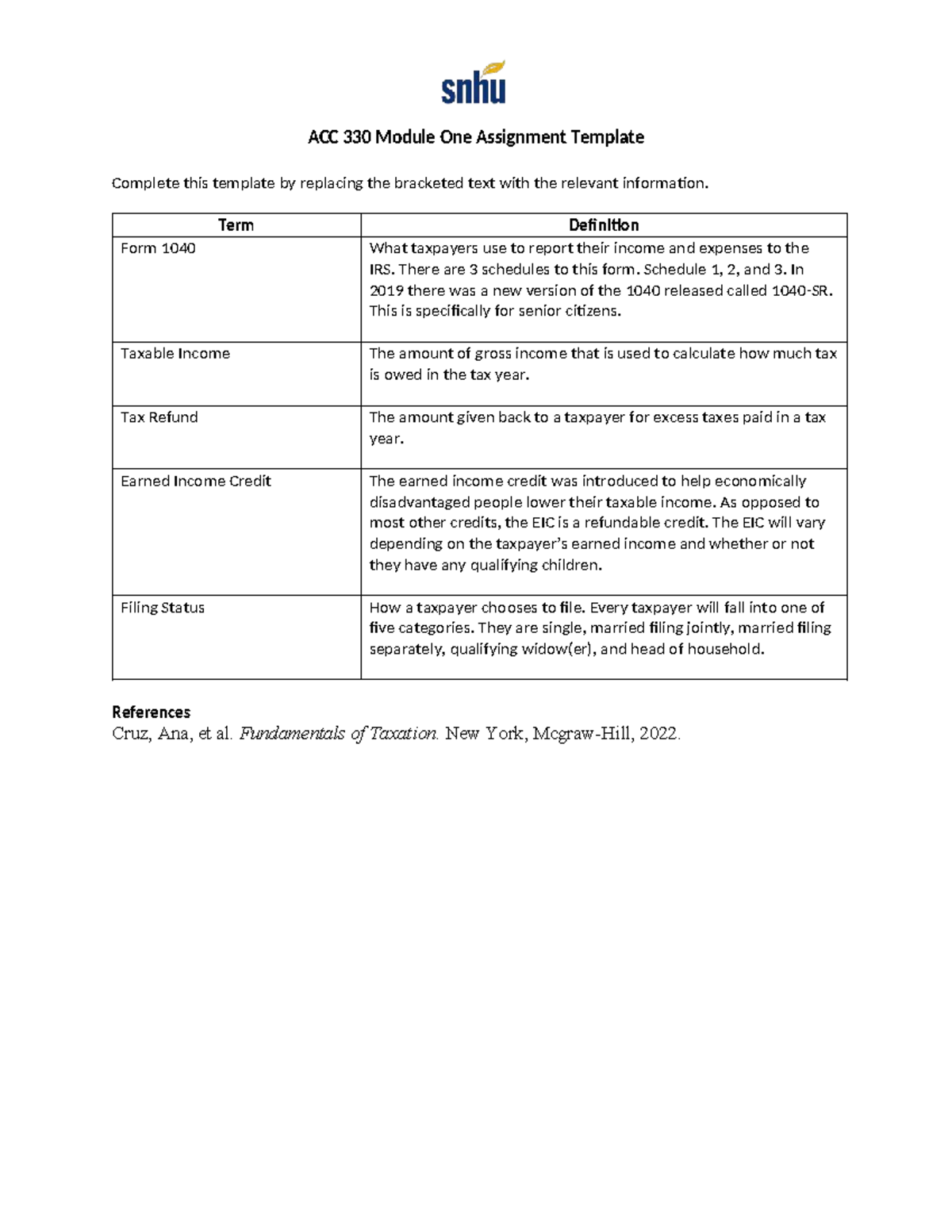 ACC 330 Module 1 Assignment: Understanding Form 1040 and Tax Concepts ...