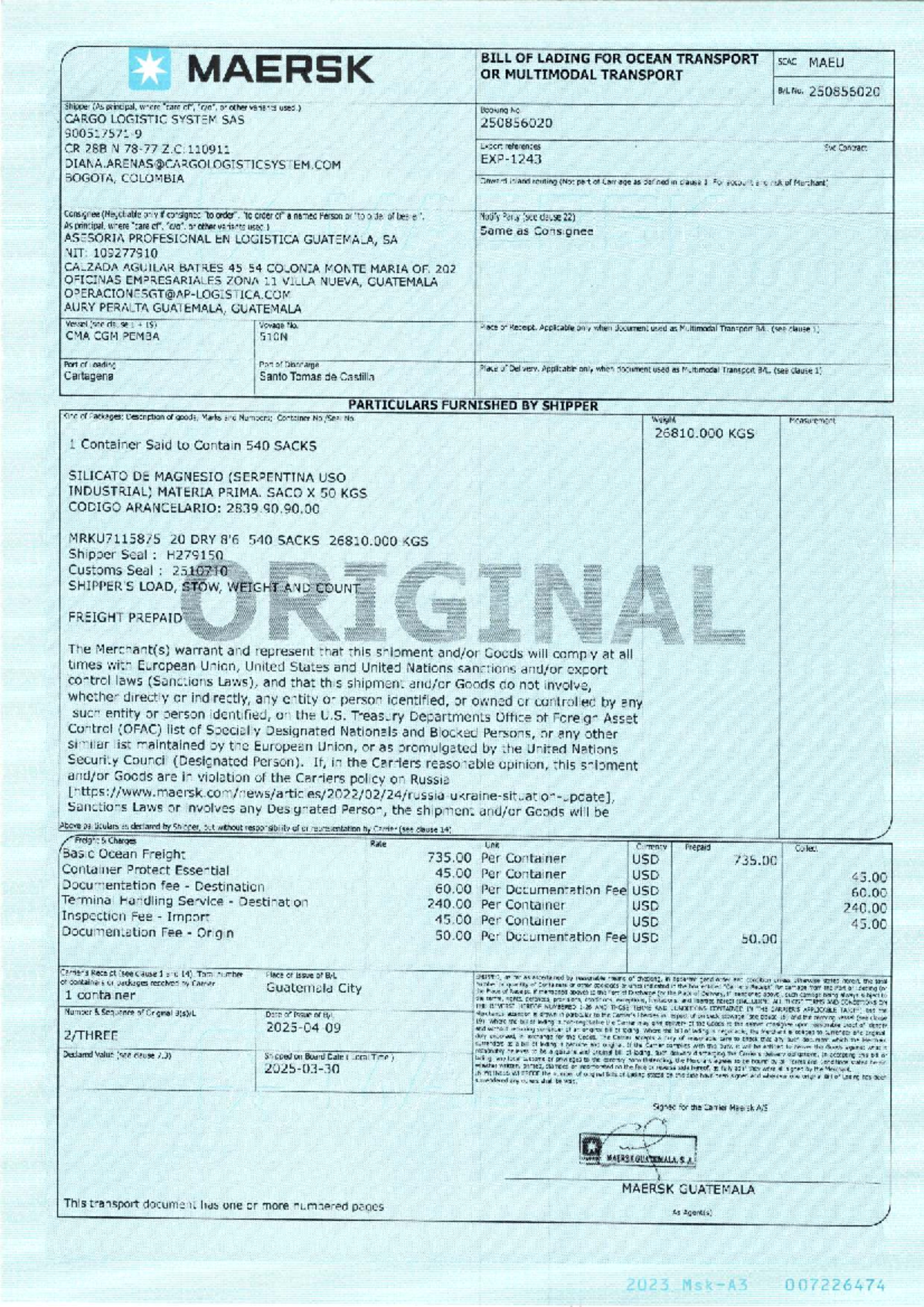 Maersk bill of lading for ocean transport MBL - document for review ...