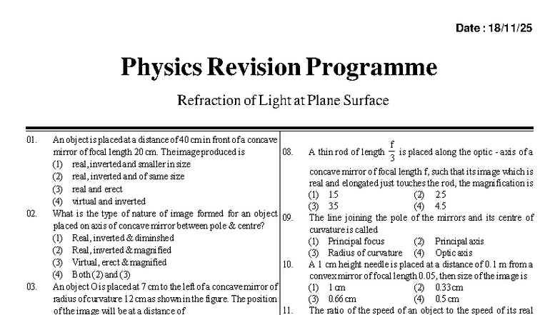 Ray Optics Revision Notes (Physics 181125) - Refraction of Light - Studocu