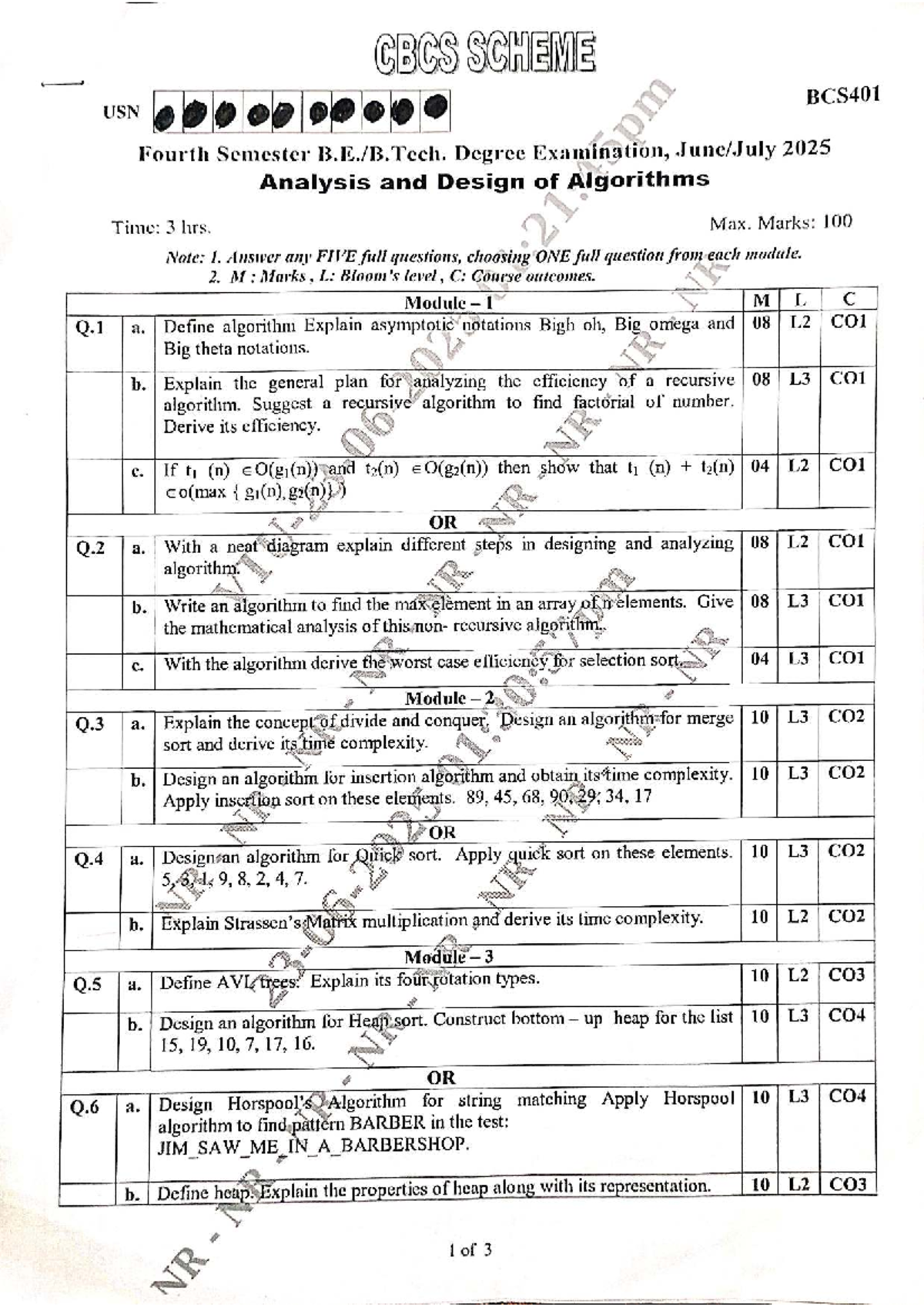 BCS401 Fourth Semester Exam: Analysis and Design of Algorithms QP 2025 ...