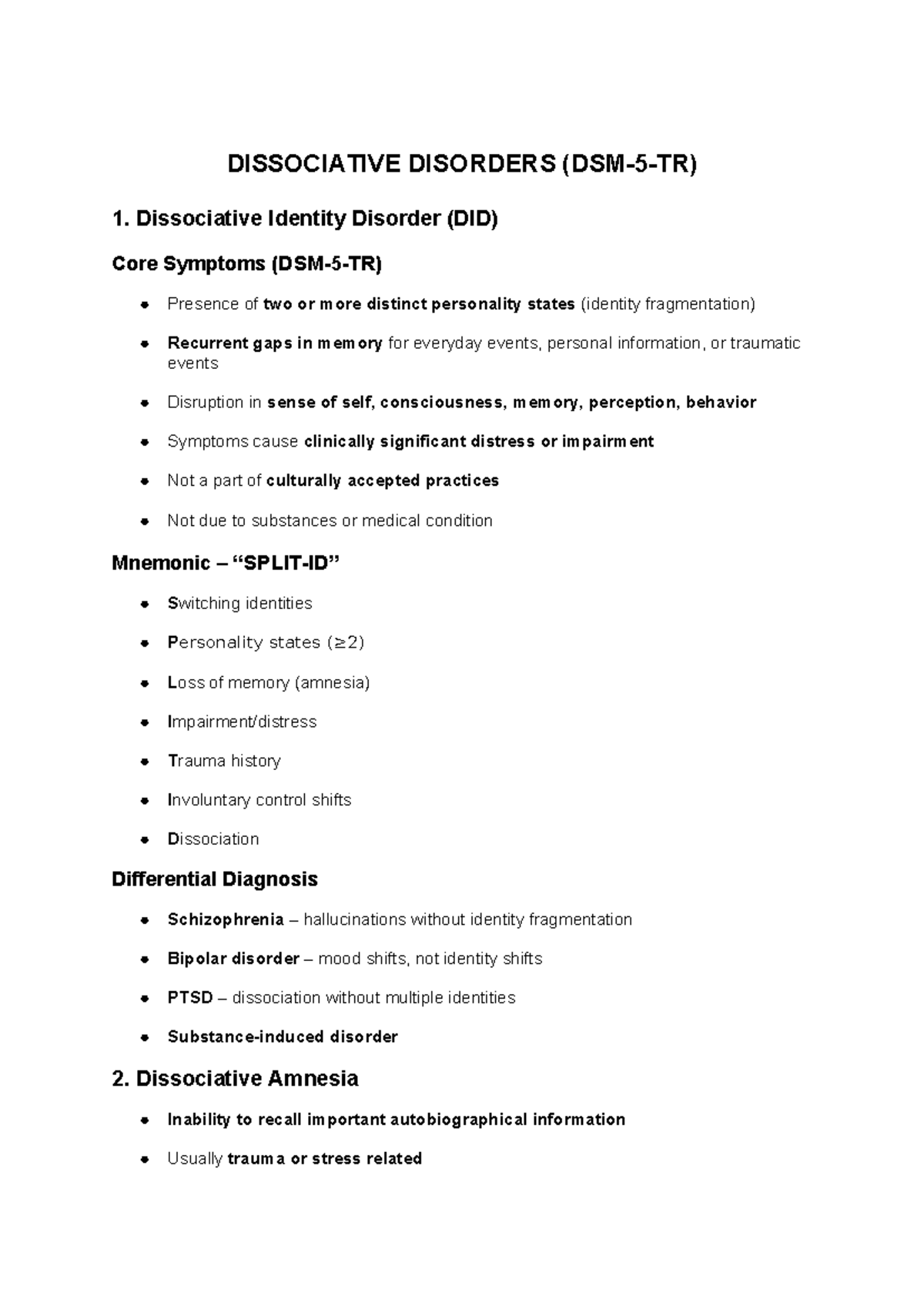 Dissociative Disorders Overview (DSM-5-TR) - Studocu