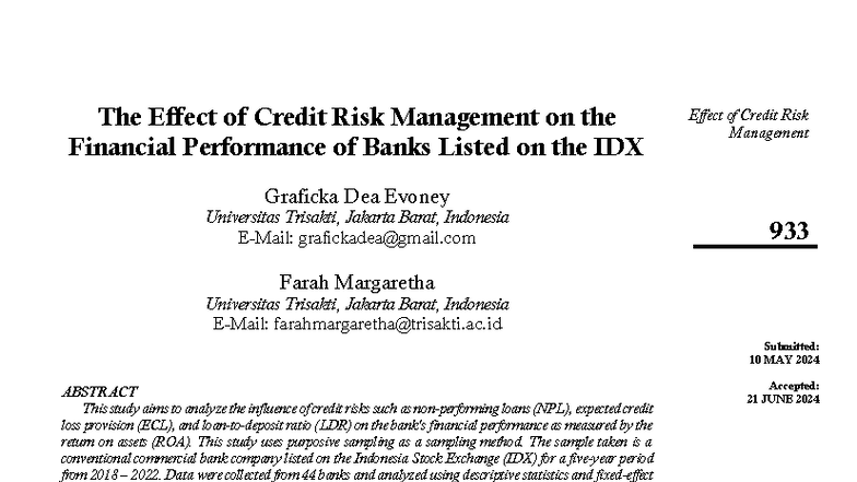 The Impact of Credit Risk Management on Bank Performance (BEI) - Studocu