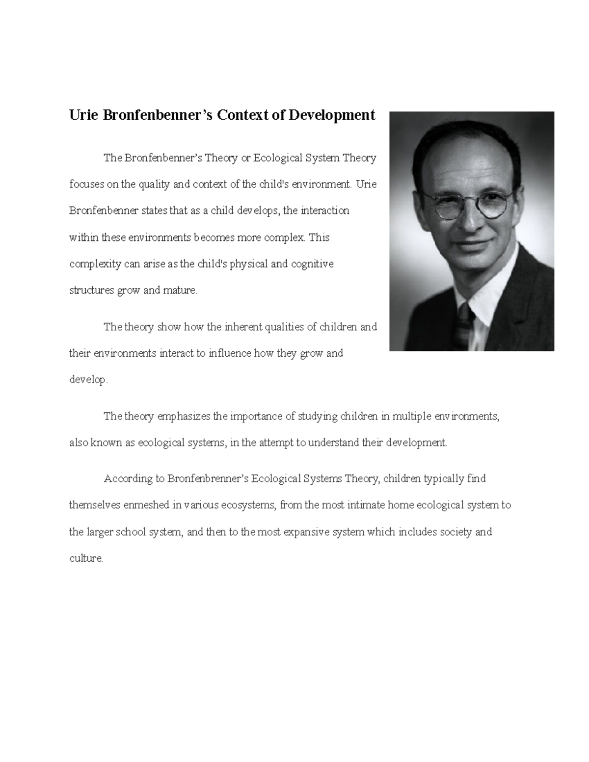 Urie Bronfenbrenner's Ecological Systems Theory Explained - Studocu