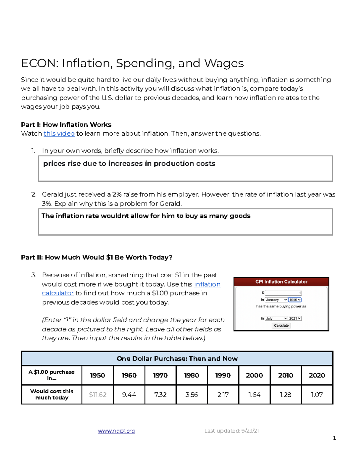 ECON Inflation, Spending, and Wages - In this activity you will discuss ...
