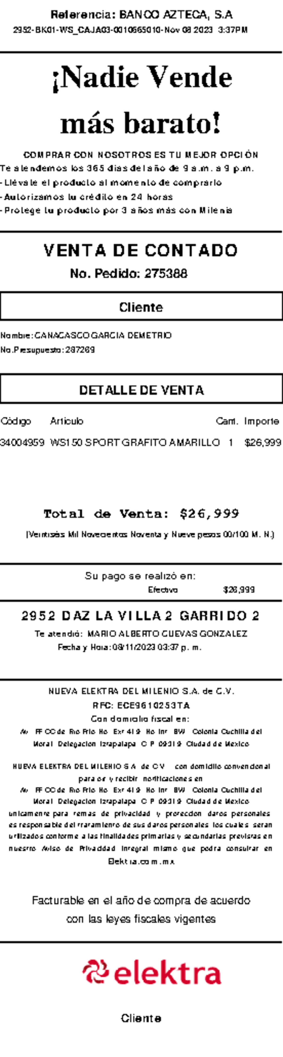 Ticket Comprobante de Pago Contado - 275388 - Nova Elektra Nov 2023 ...
