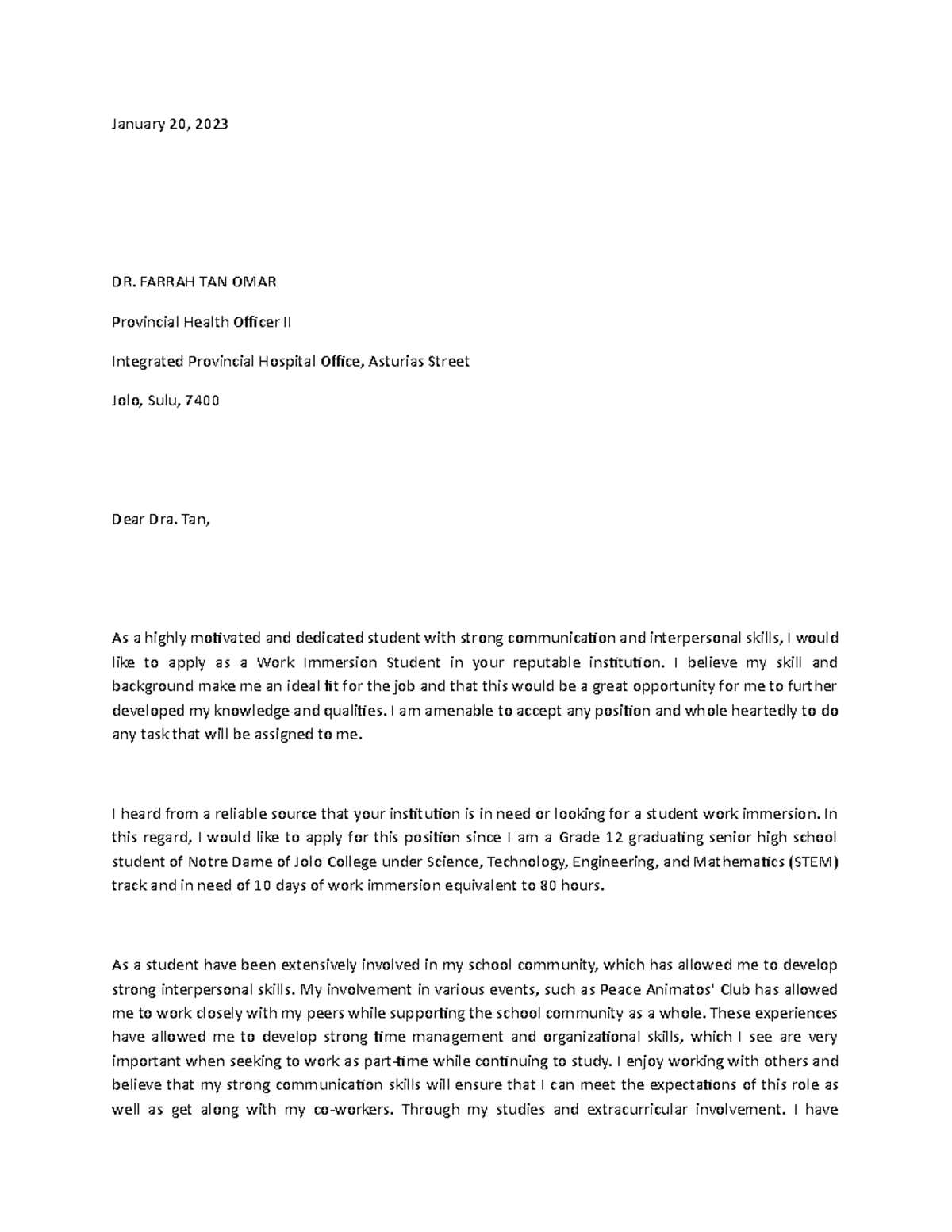 Application Letter for Work Immersion - Grade 12 STEM - Studocu