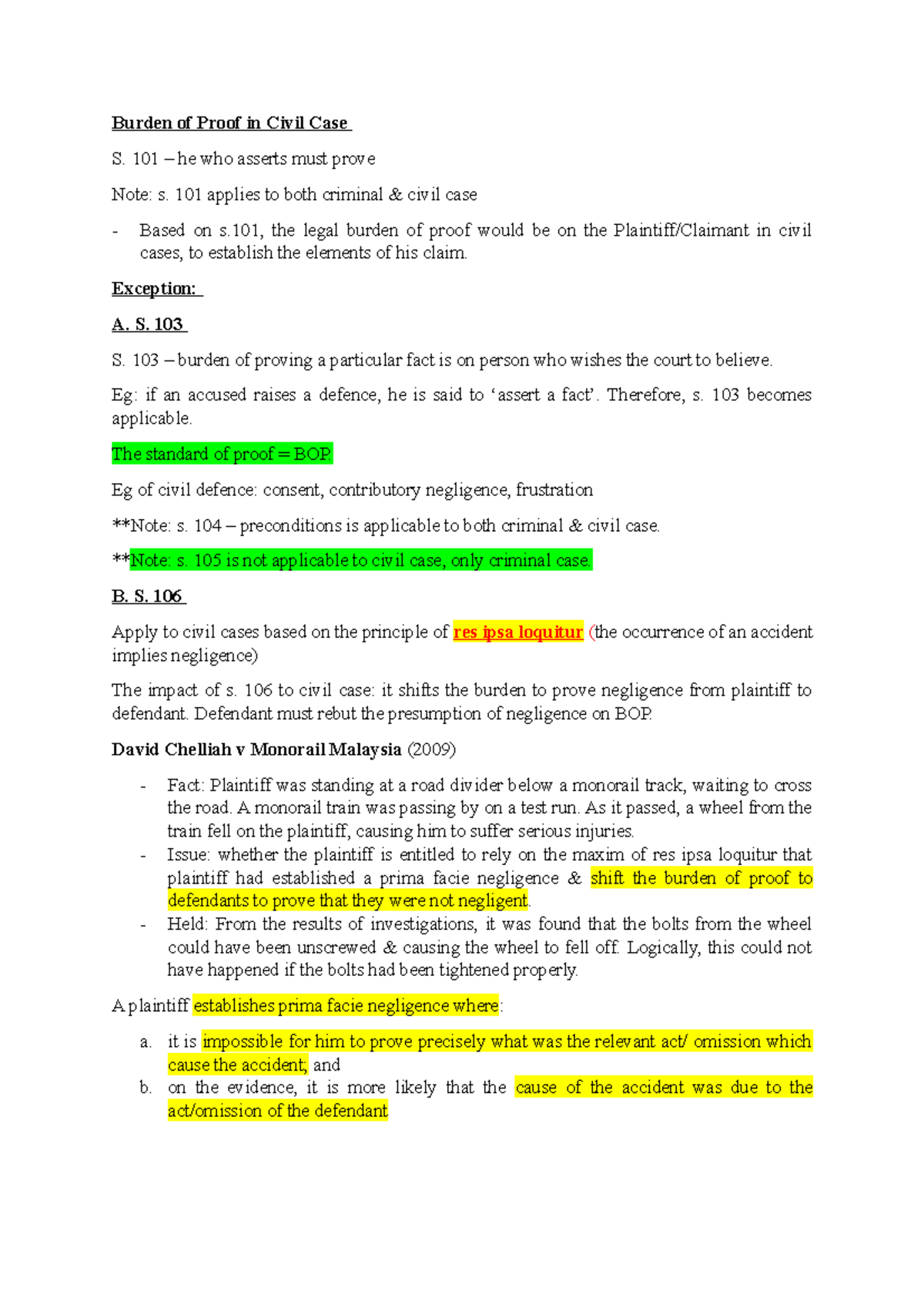 Burden of Proof in Civil Case - 101 – he who asserts must prove Note: s ...