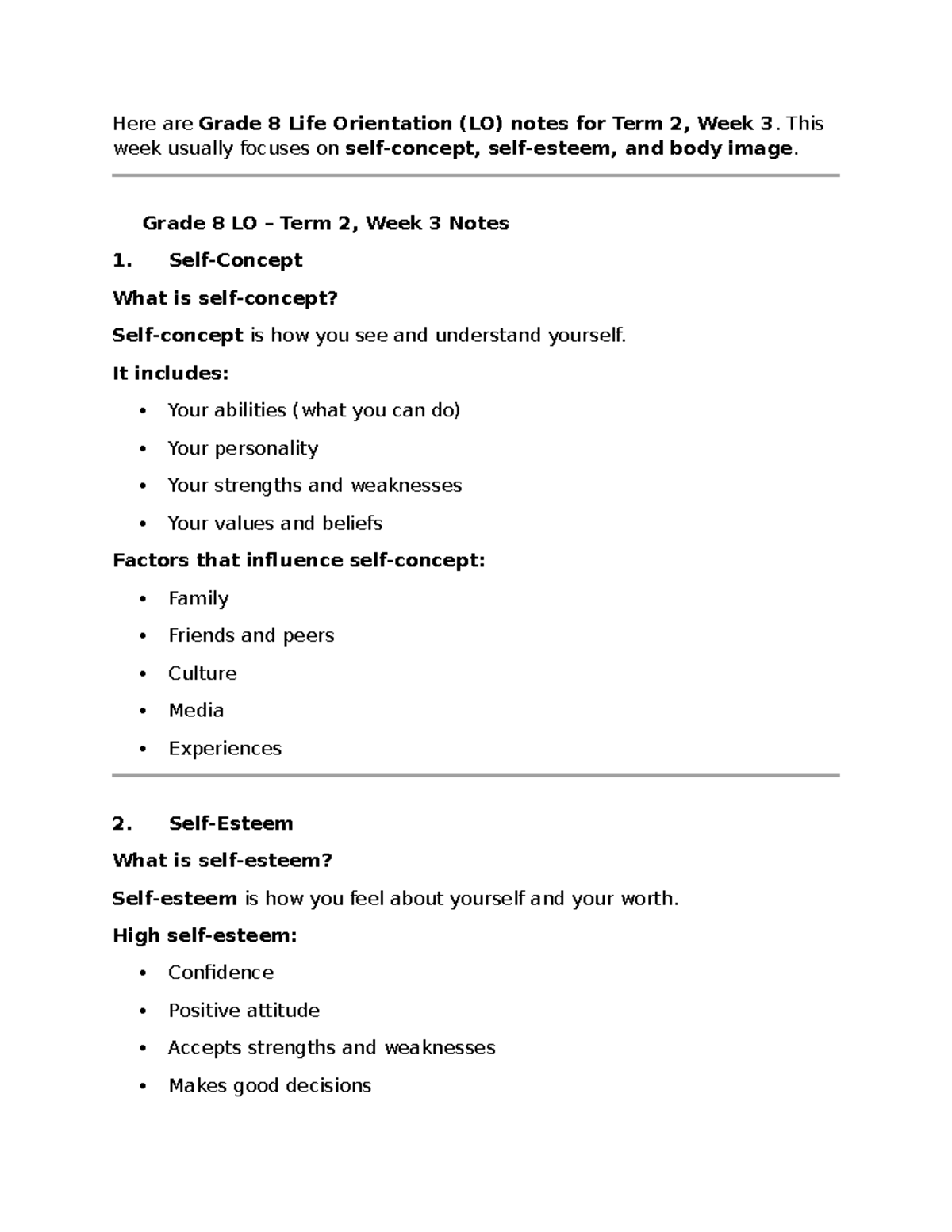 Grade 8 LO Term 2, Week 3: Body Image & Self-Perception Notes - Studocu