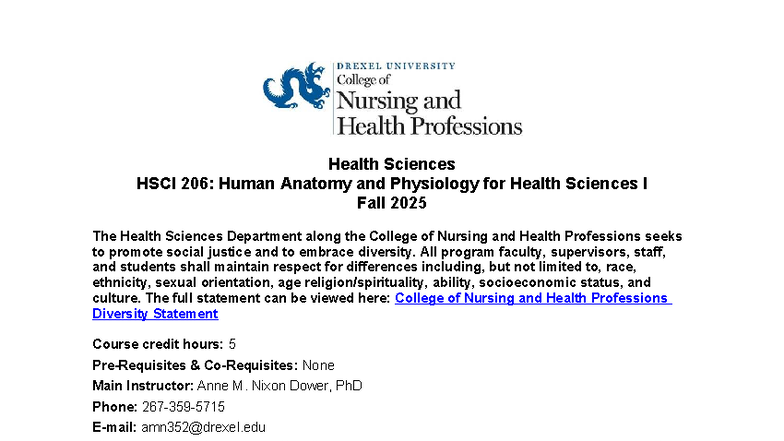 HSCI 206: Human Anatomy & Physiology Syllabus - Fall 2025 - Studocu