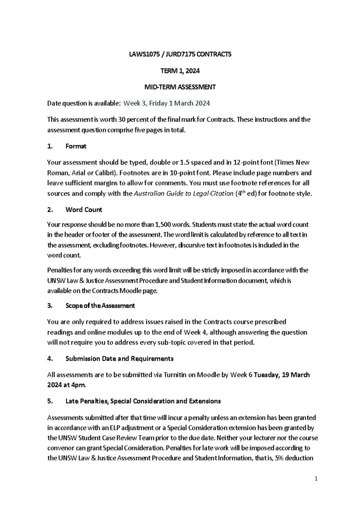 LAWS1075 JURD7175 Contracts T1 2024 Mid-session Assessment Question ...