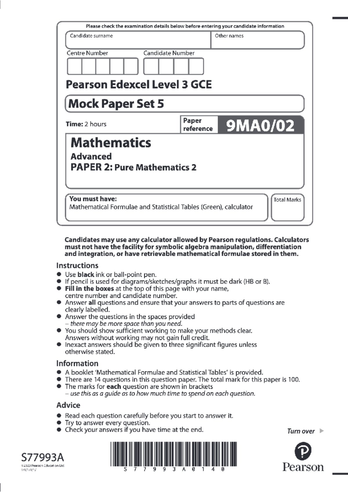 0s5 9MA0-02 Pure 2 - Mock Paper 5 with Exam Instructions and Questions ...