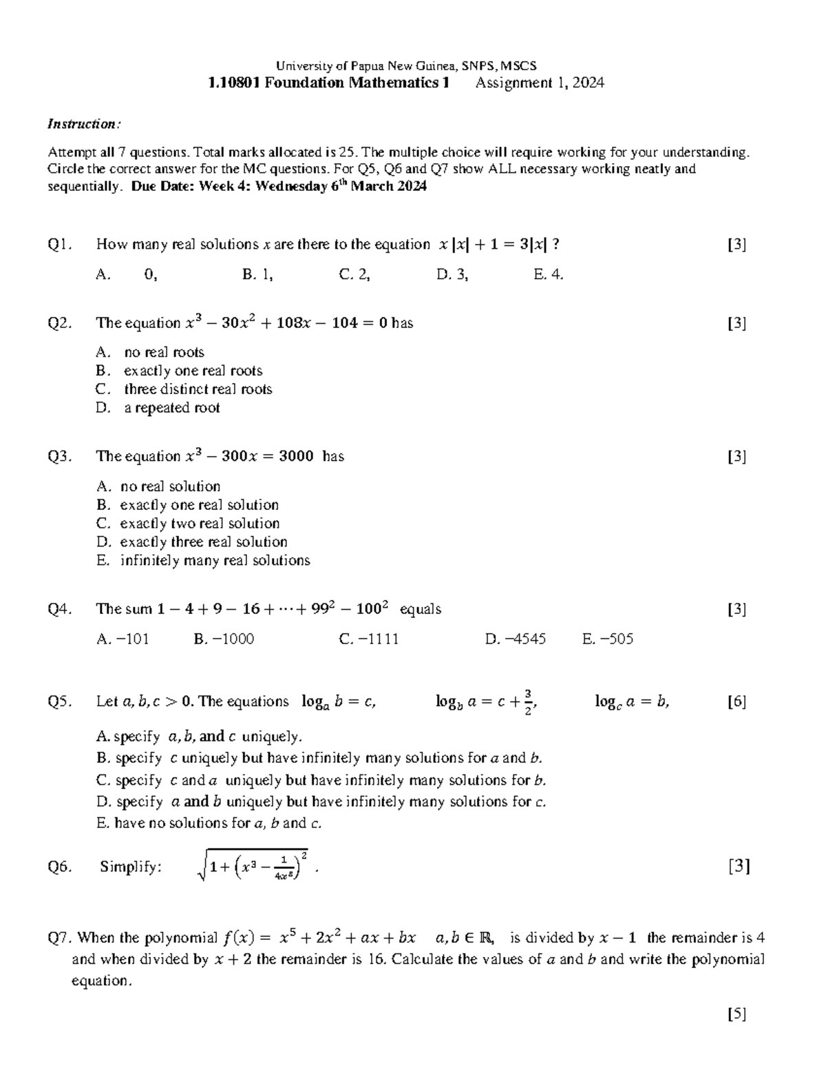 MSCS 1081 Foundation Mathematics 1 Assignment 1 - 2024 - Studocu