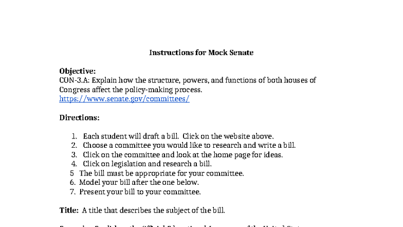 Mock Senate Instructions: Drafting Your Bill for Congress - Studocu