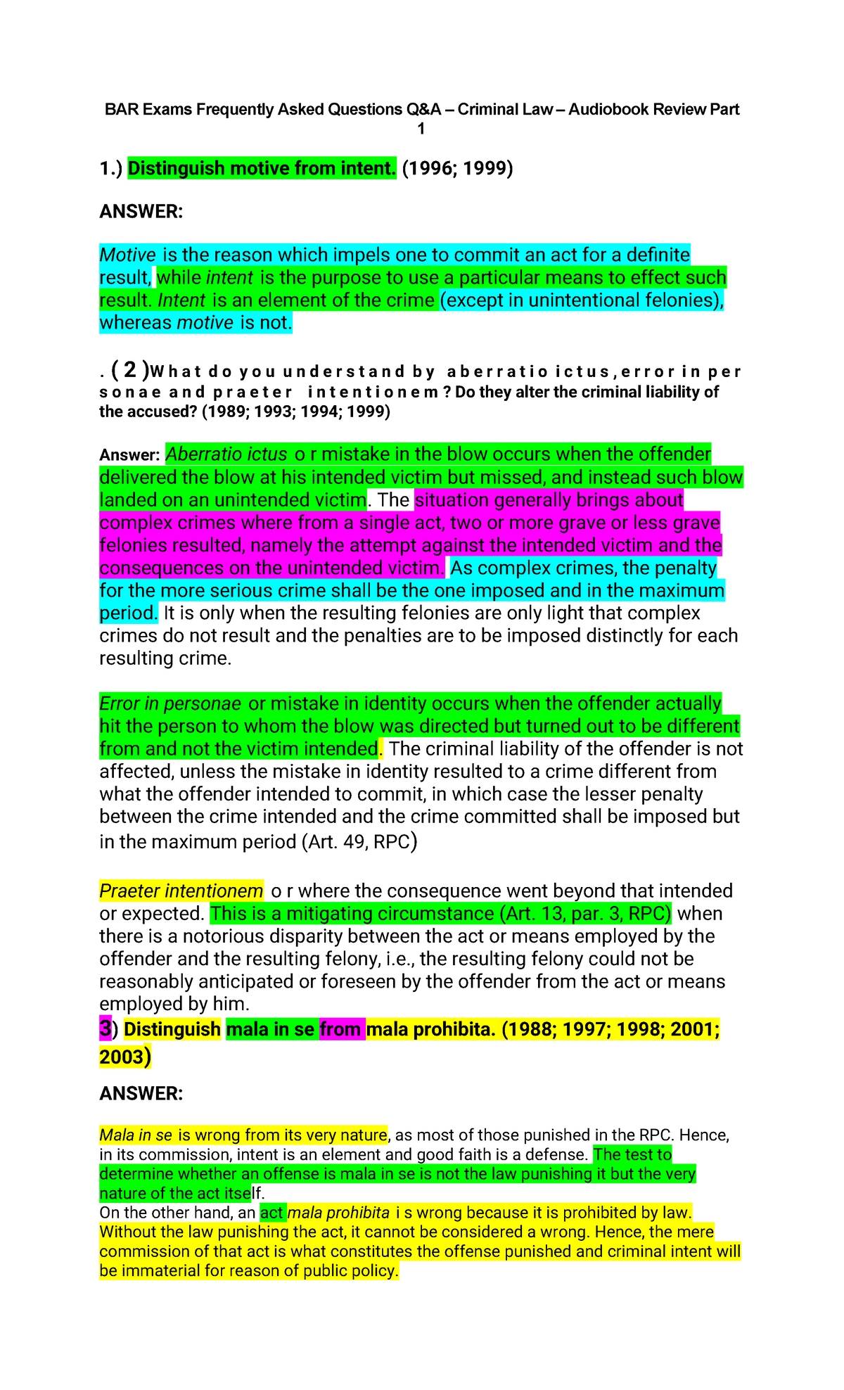 BAR Exams FAQs: Criminal Law Concepts & Key Distinctions - Studocu