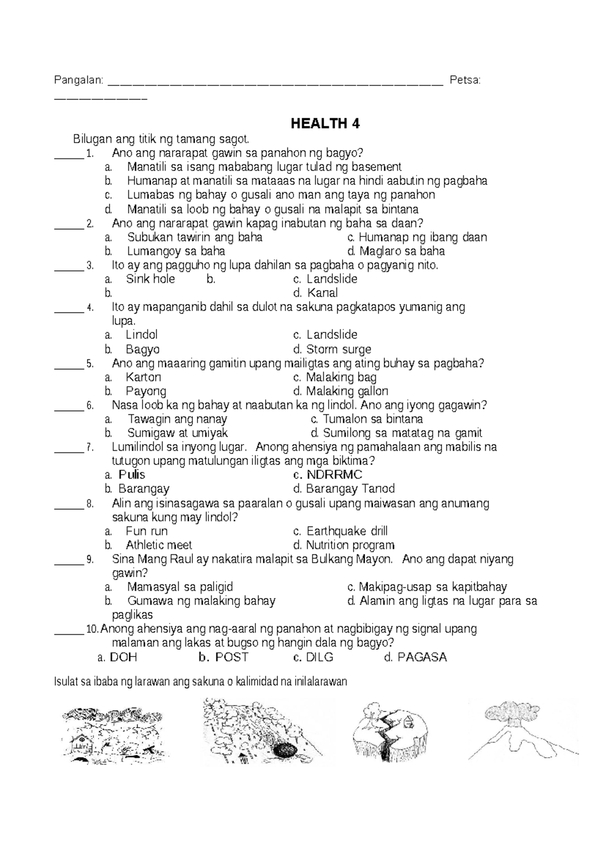 HEALTH 4 - Summative Test on Disaster Preparedness and Response - Studocu